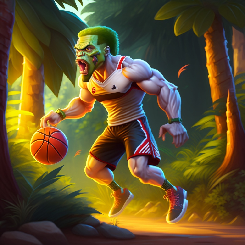 Lexica - Zombie in the jungle playing basketball, drawing, 2d