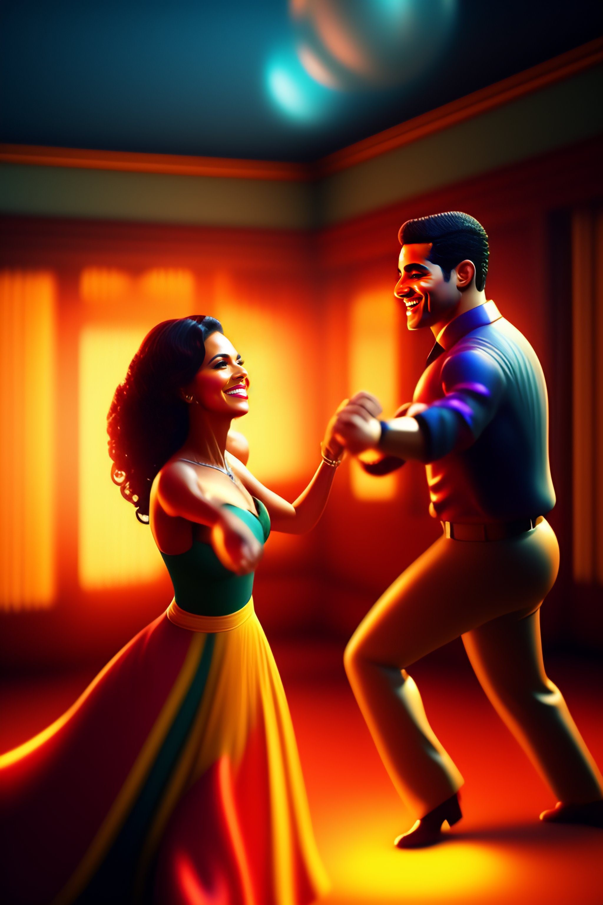 Lexica - Latin Women and men dancing salsa over a room, pixar style realistic render hd