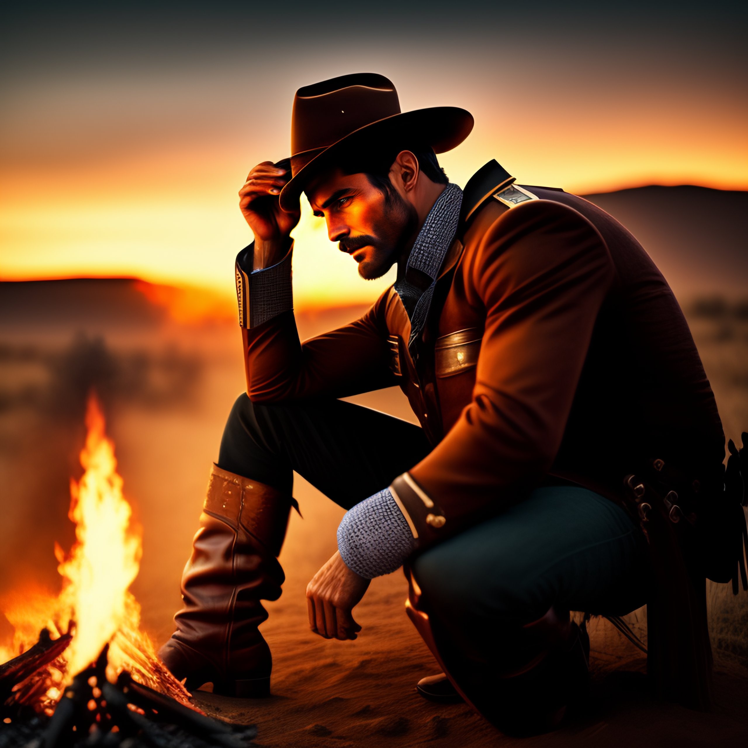 Lexica - Cowboy resting at fire drinking coffee