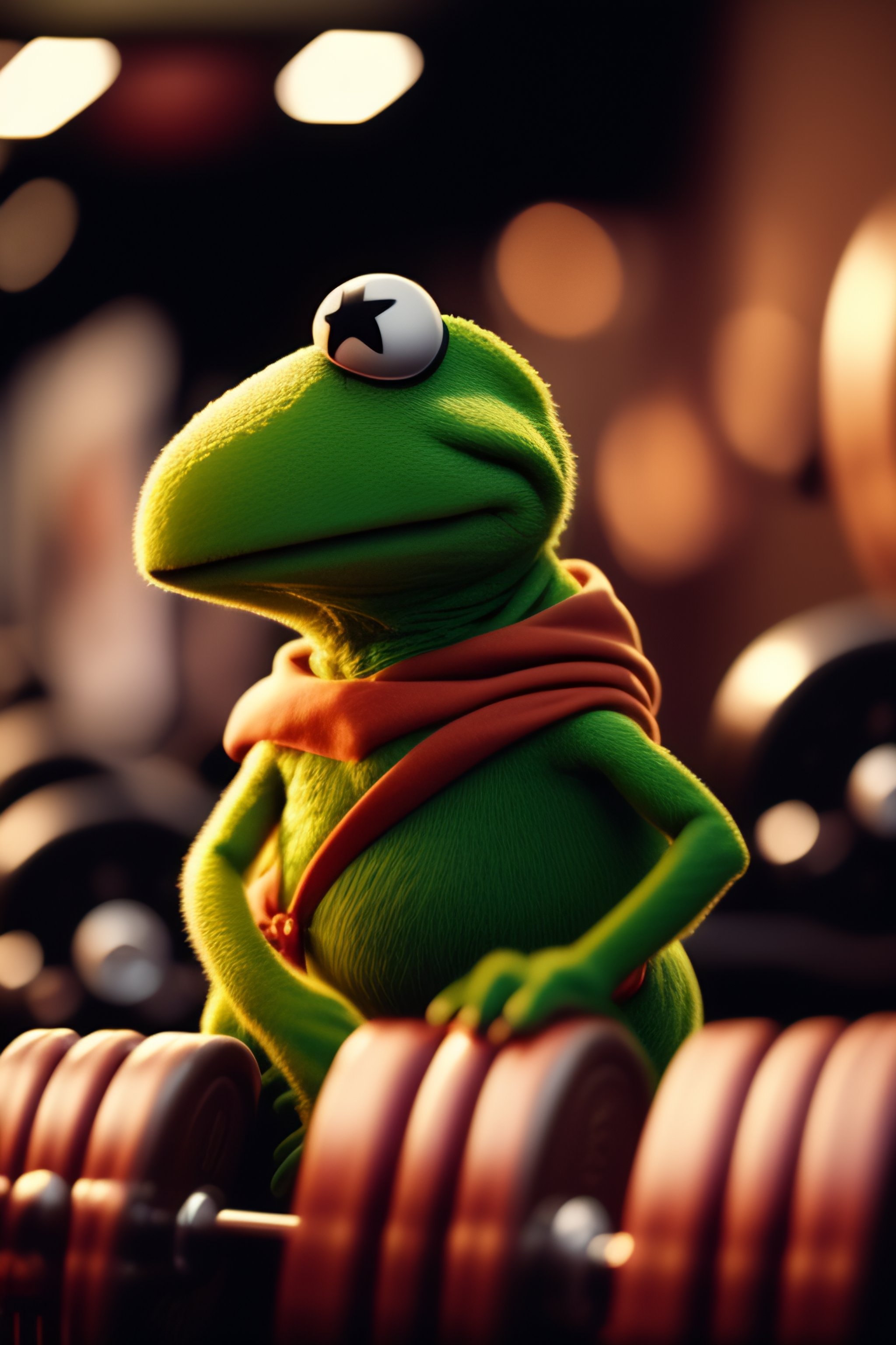 Lexica - Kermit the Frog doing deadlifts swole at a luxury gym, portra ...