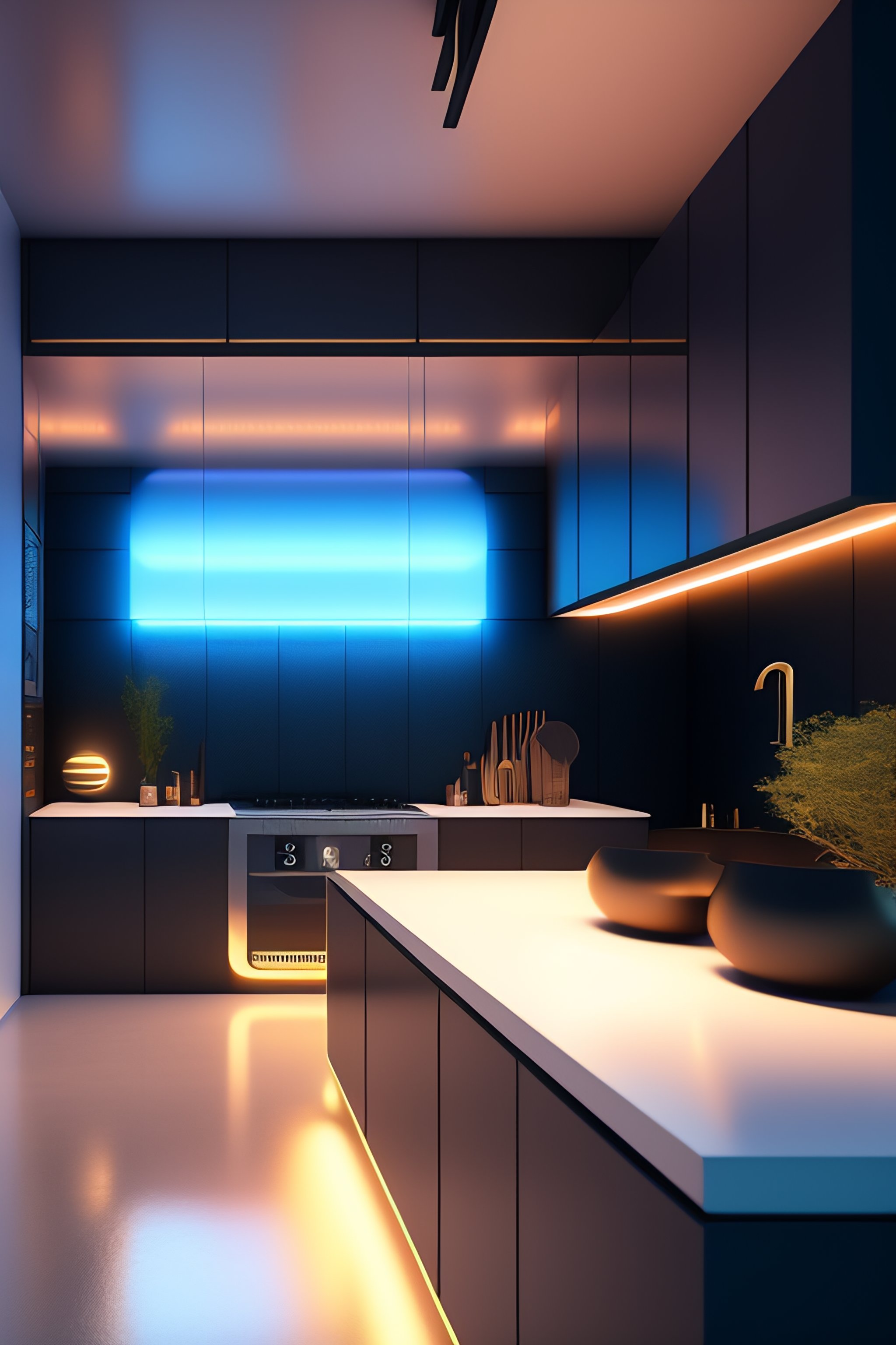 Lexica - Minimalistic cyberpunk kitchen, interior, neon, concrete floor ...