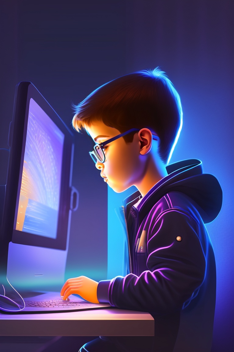 Lexica - A nerdy boy is programming at a computer in a room full of ...