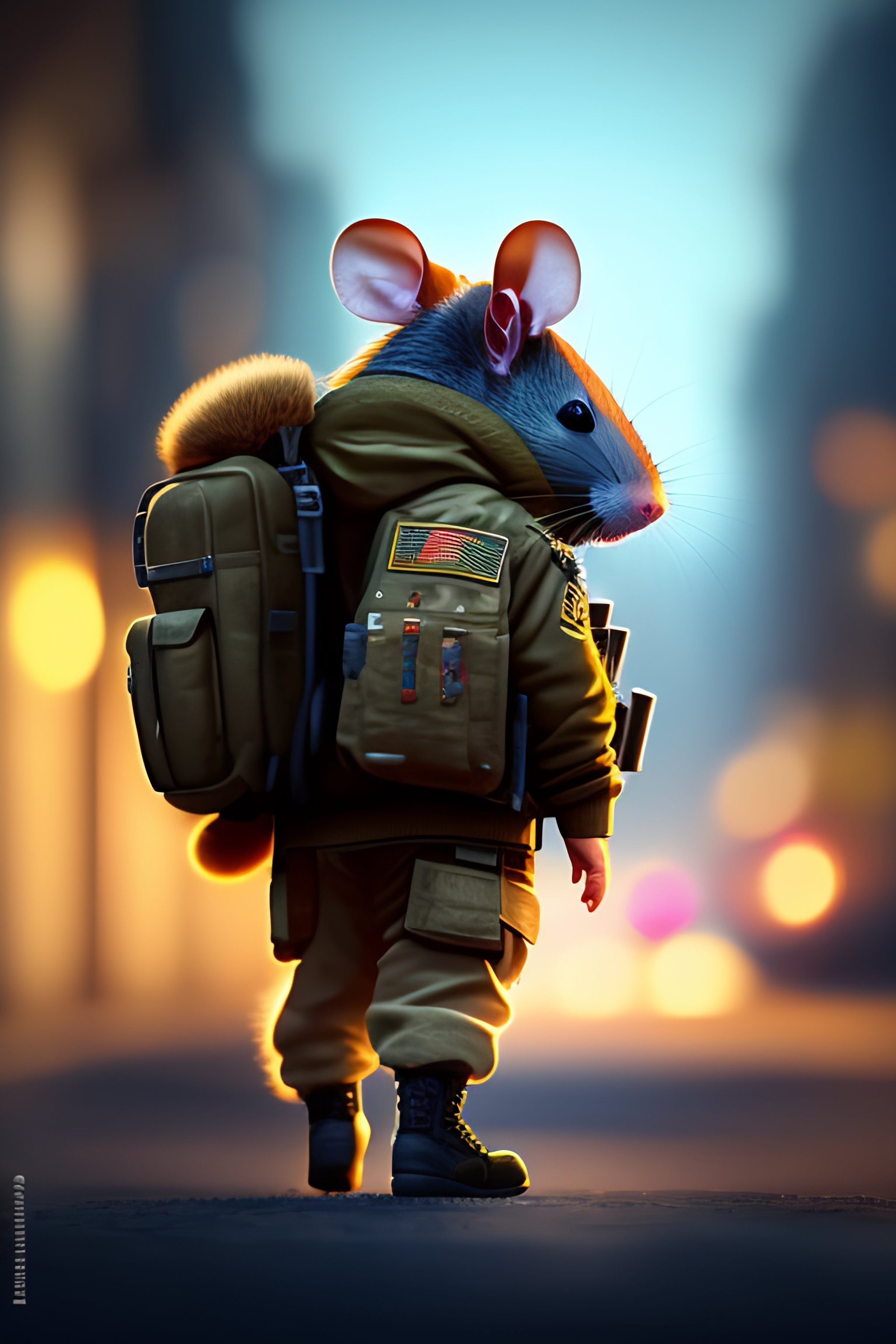 Lexica - A military rat with a machine gun walking with a baby by an ...
