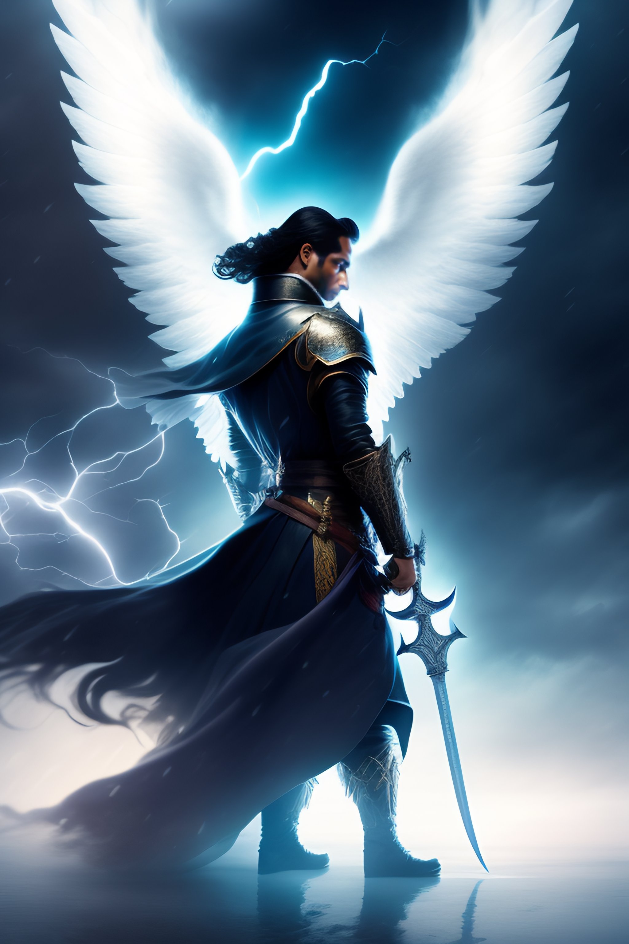 Lexica - Full body an angel in an overcoat with a sword in his hands ...