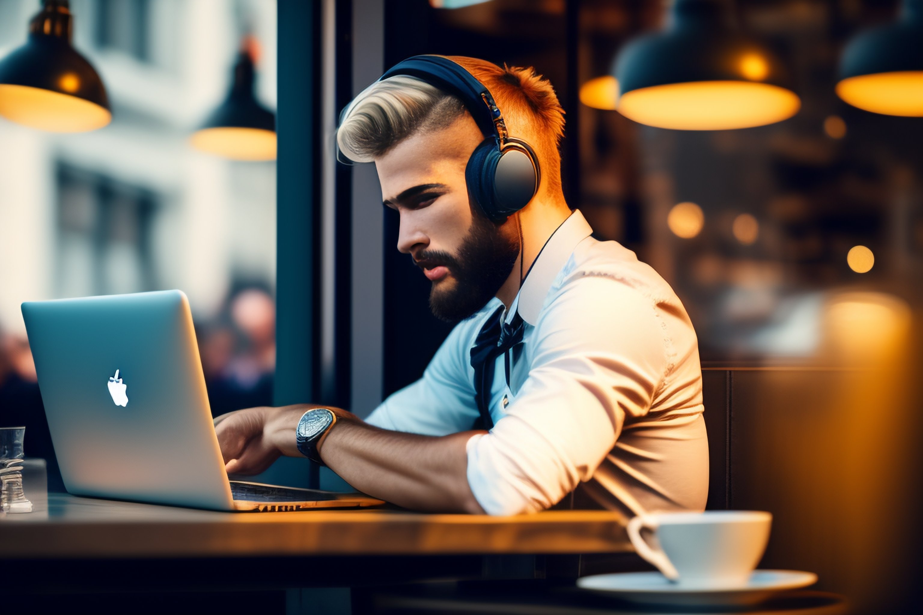 Lexica - Hipster, working in cafe, blond, on macbook, programing ...