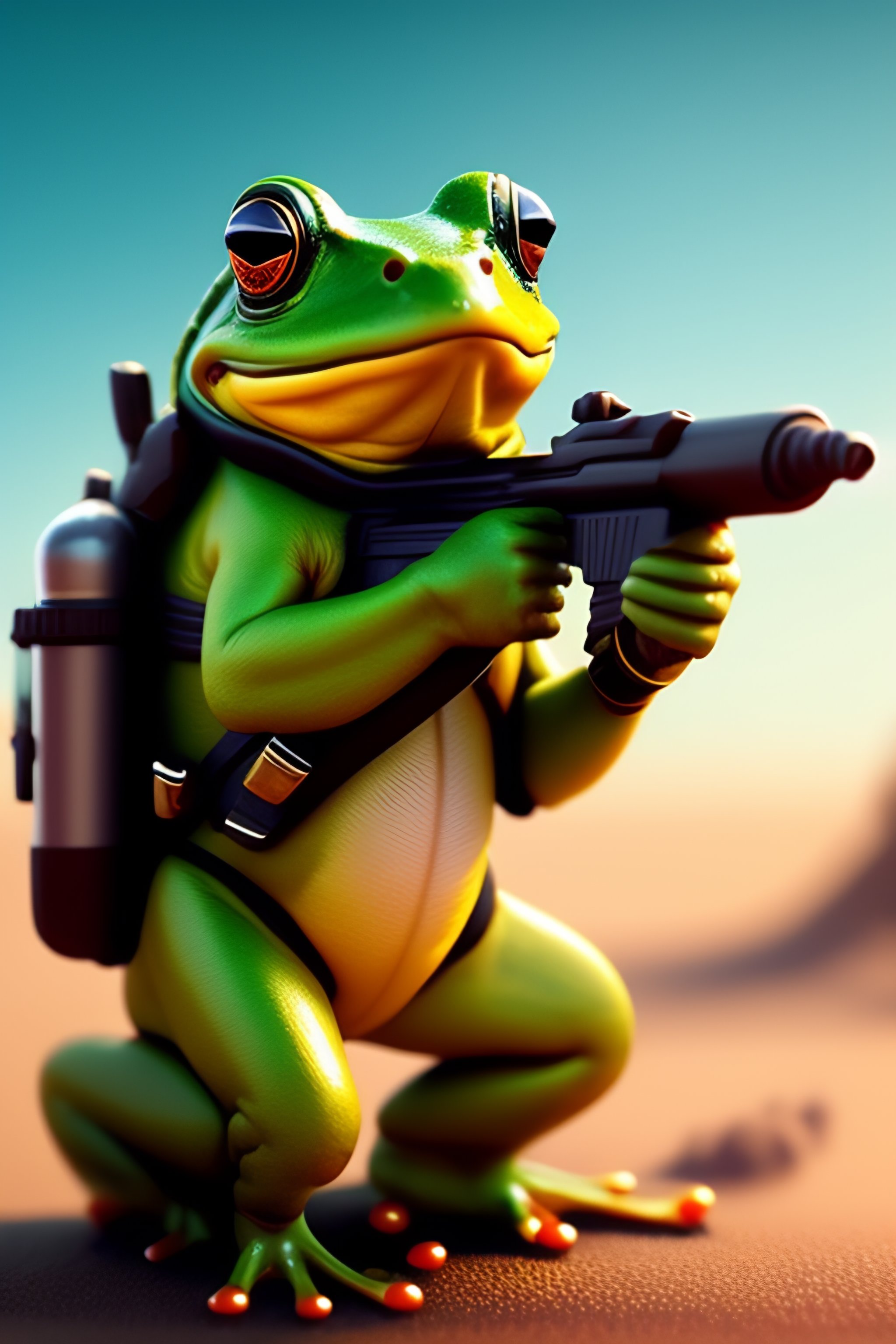 Lexica - A frog wielding a rocket-launcher from a video game.