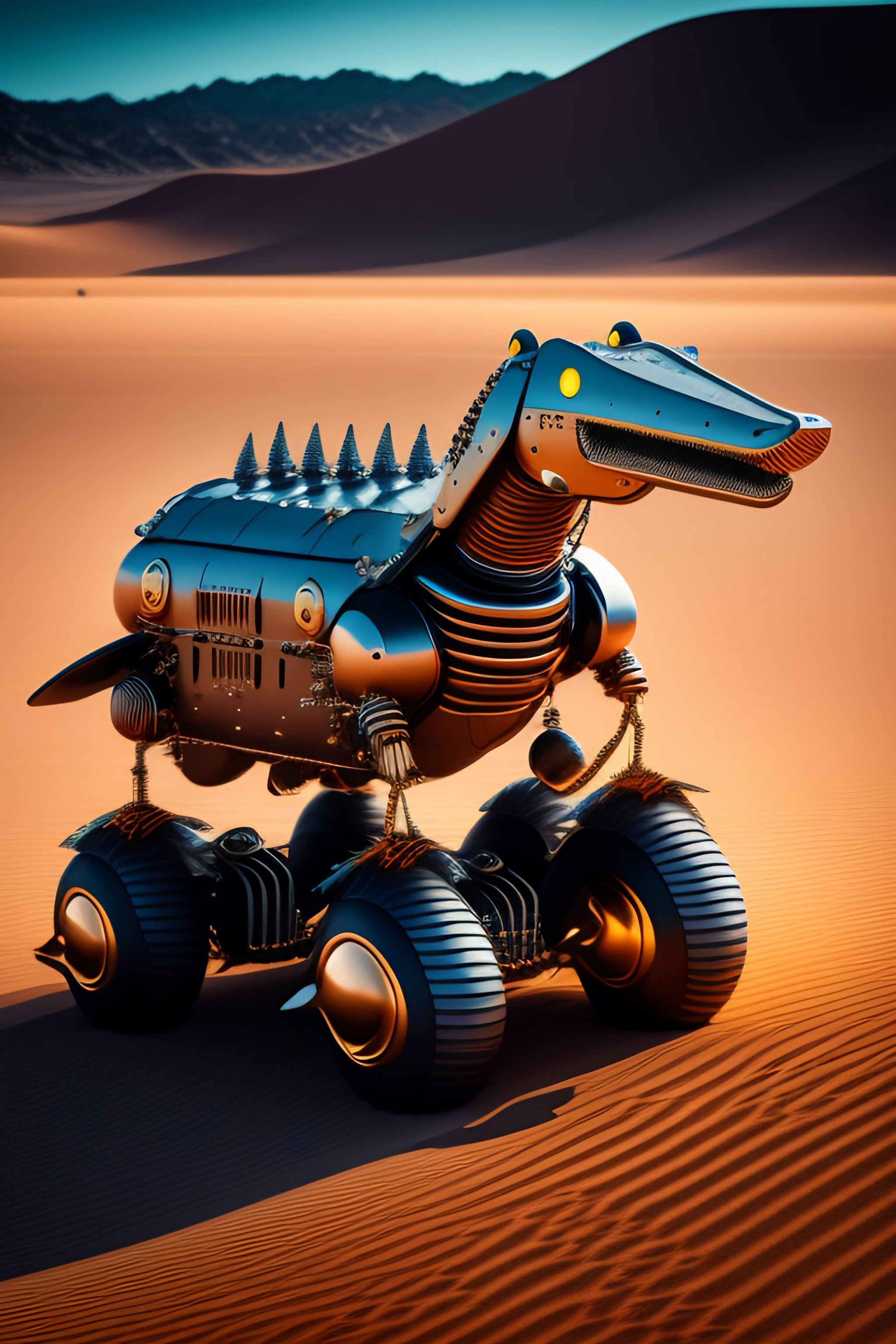 Lexica - A robot alligator with wings in the middle of an empty desert