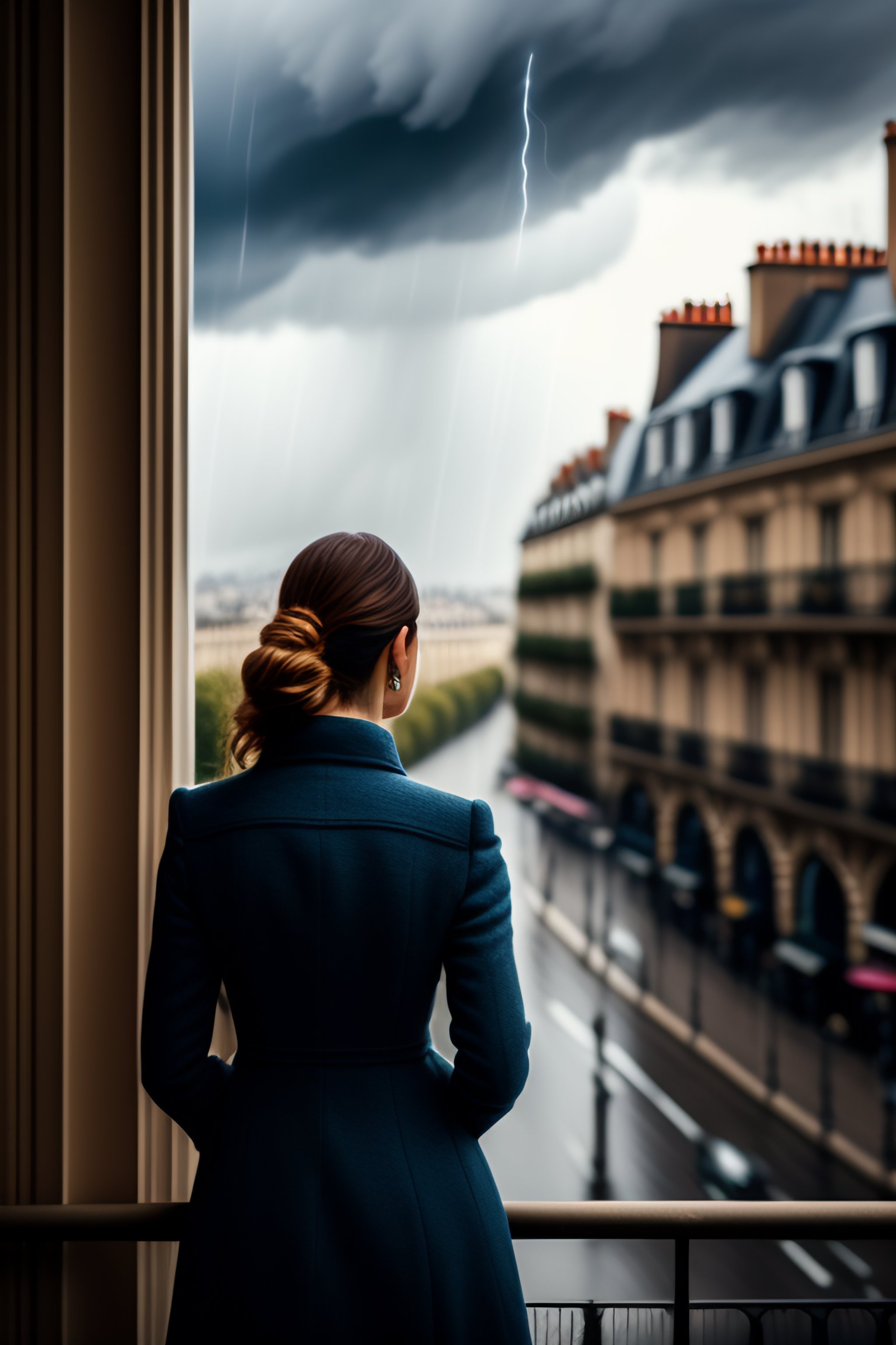 Lexica - A woman on a parisian balcony wistfully looking down at ...
