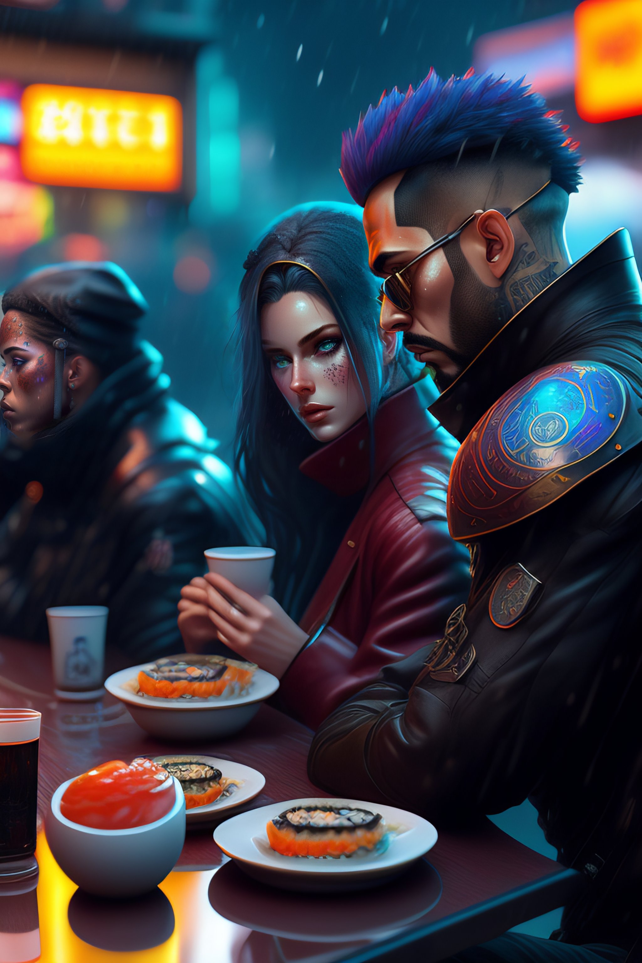 Lexica - A group of cyberpunk cyborg eating sushi on a table outside in ...