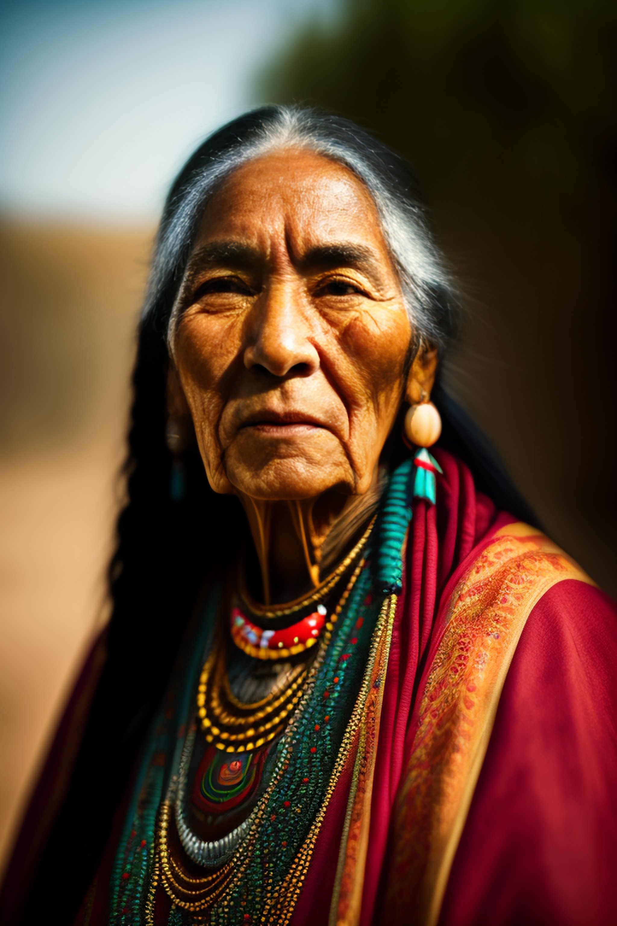 Lexica - Old native American lady looking at the camera, filled with ...