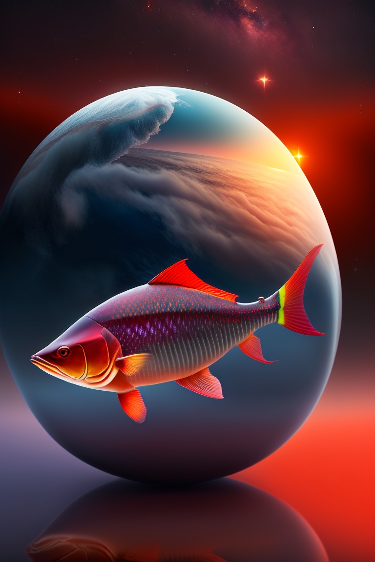 Lexica - Red fish, globe, wave, dark sky