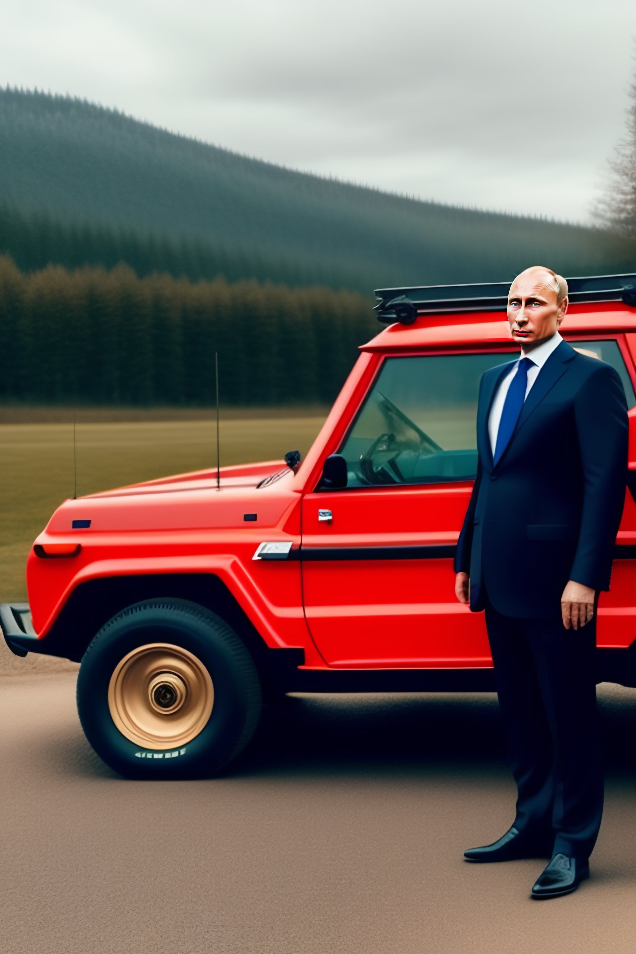 Lexica - Russian President Putin, proud,standing behind a red Lada Niva
