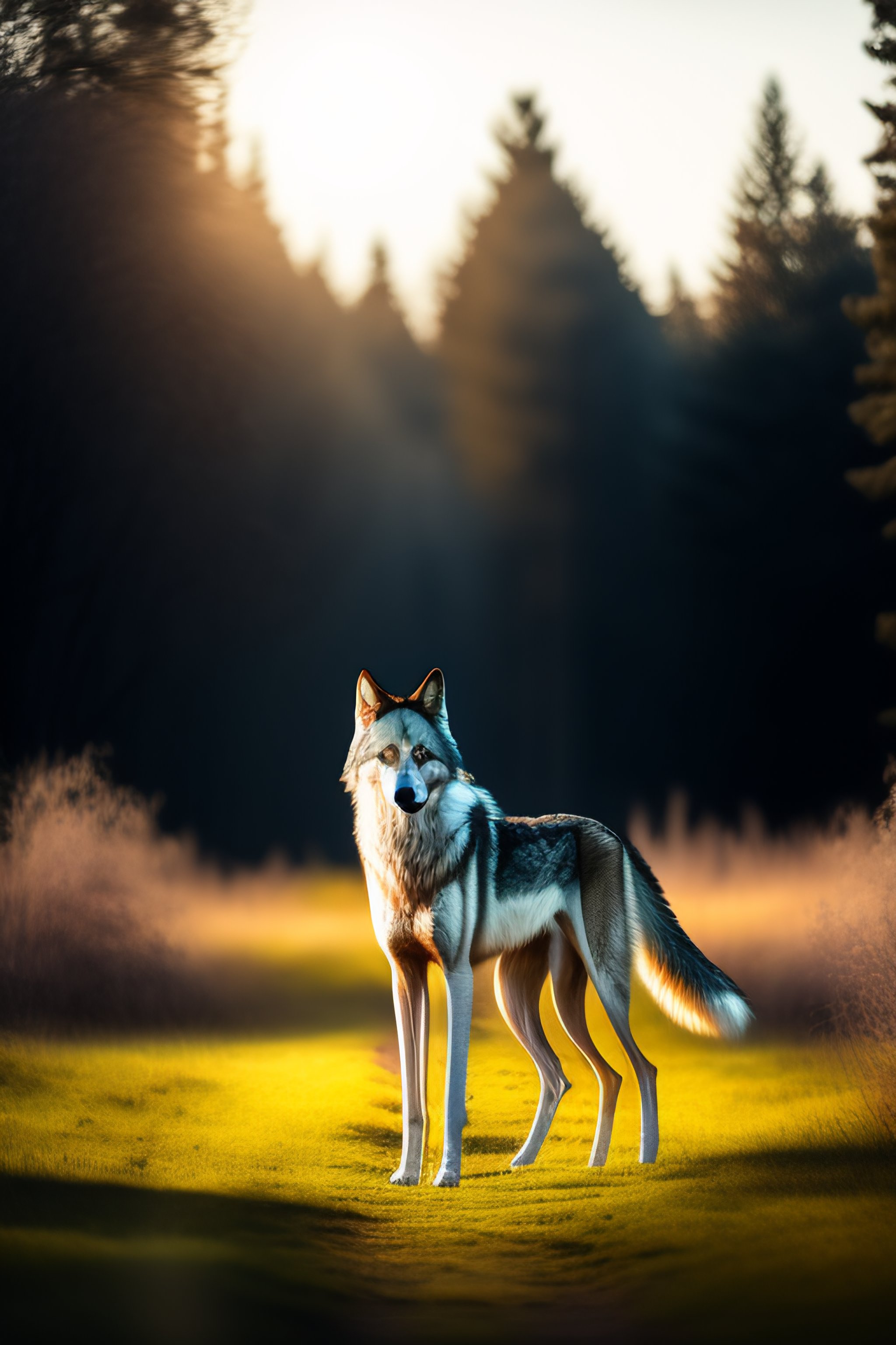 Lexica - Tall very emaciated wolf wearing stilts, dirty white fur, she ...