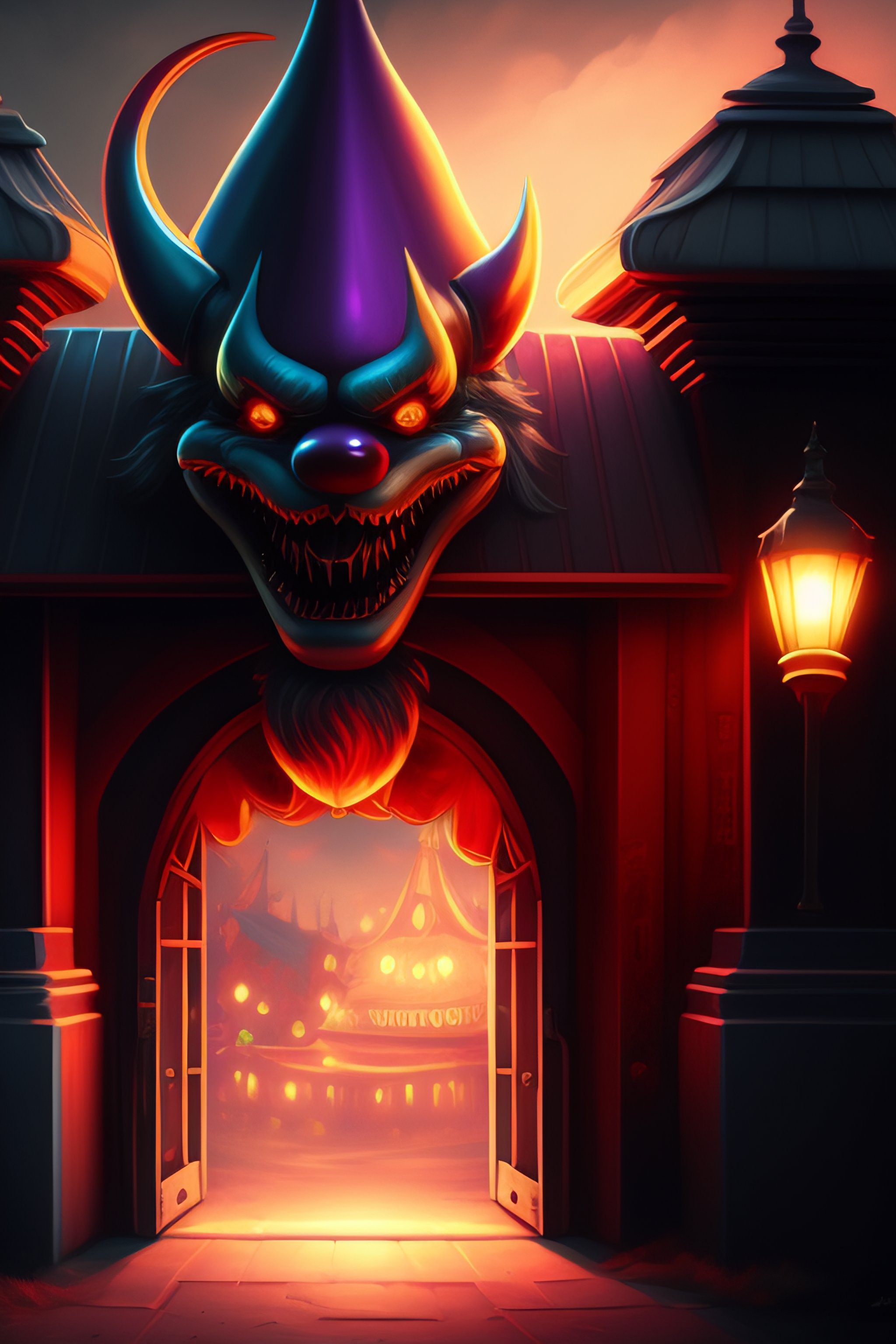 Lexica - Painting of an empty entry of an amusement park clown monster ...