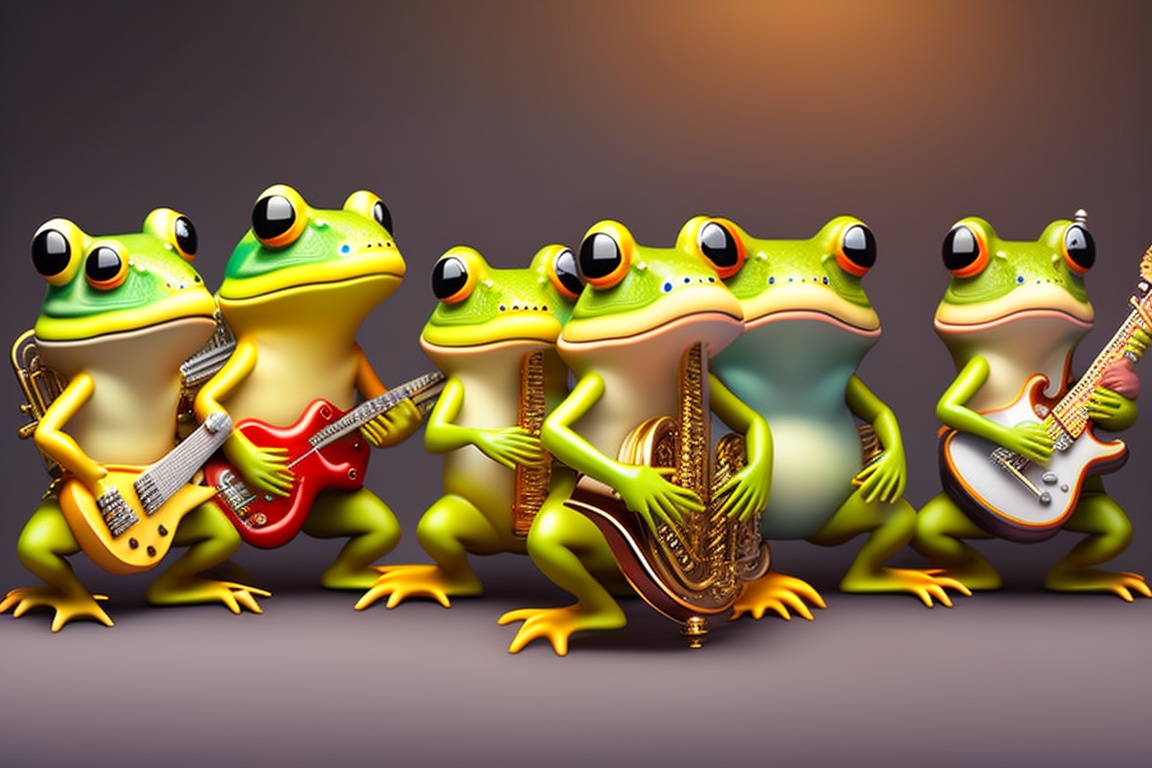 Lexica - A music band of frogs. The band has eight members. One plays ...
