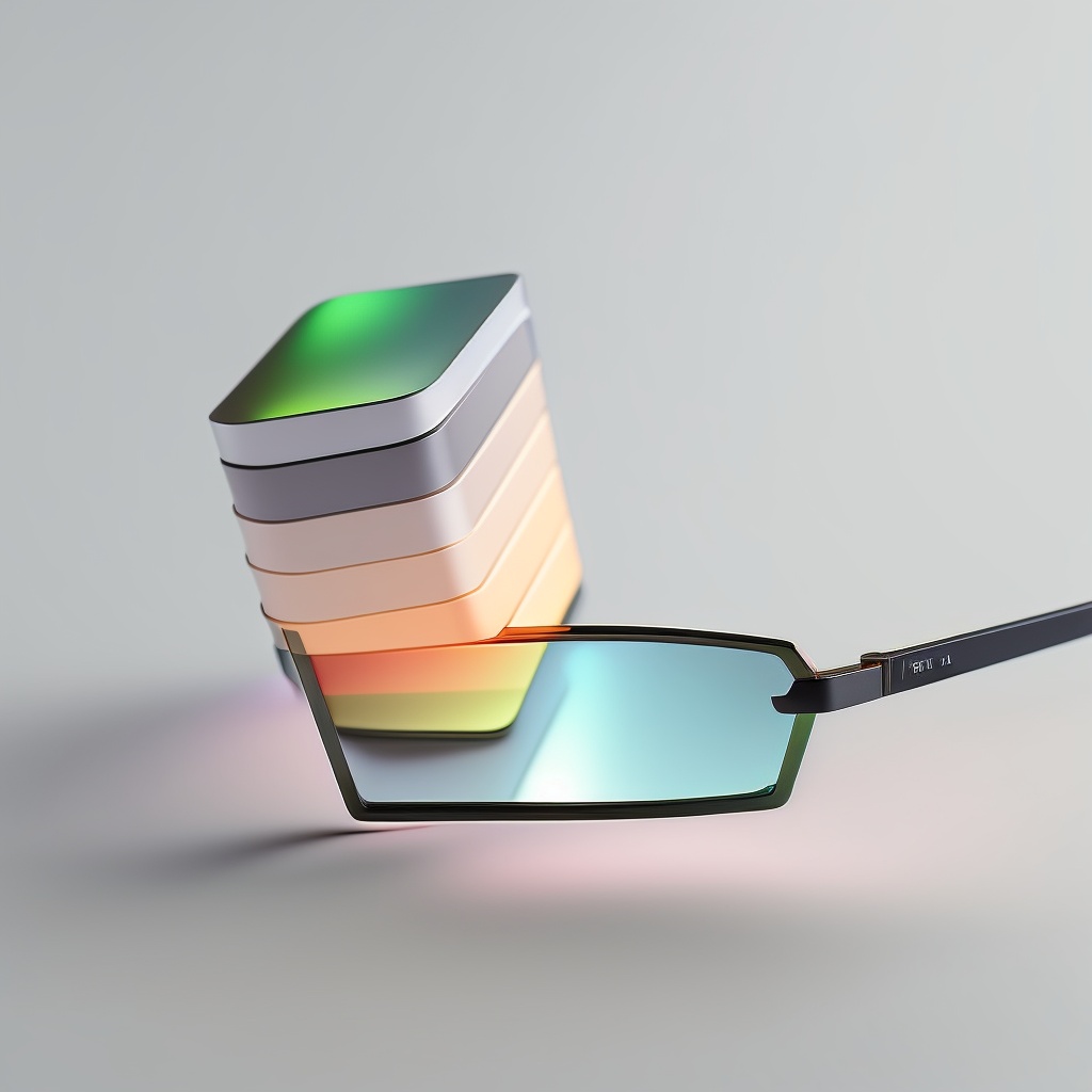 Lexica - Ar 8 individual thin glass lenses stacked diagonally in 3d,