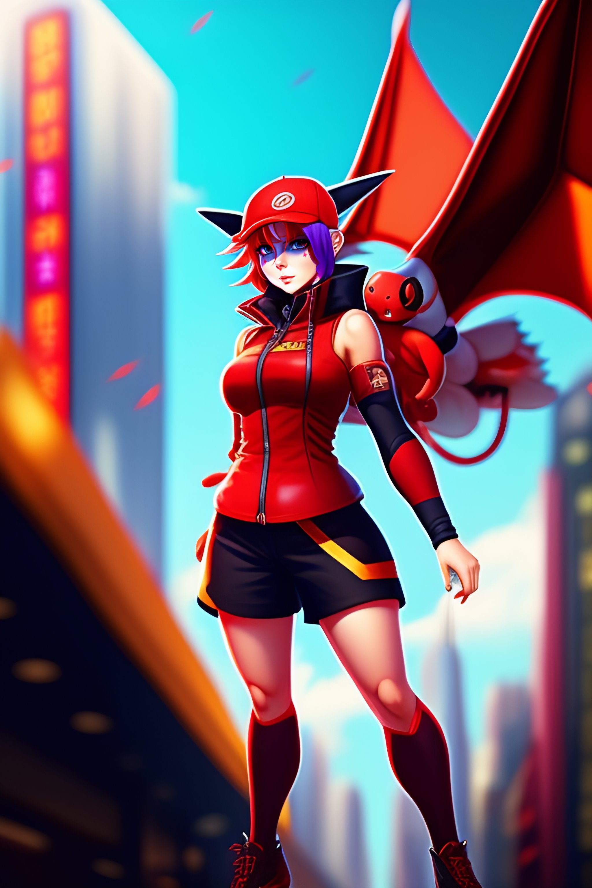 Lexica - A picture of a full body female pokemon trainer in red with a ...