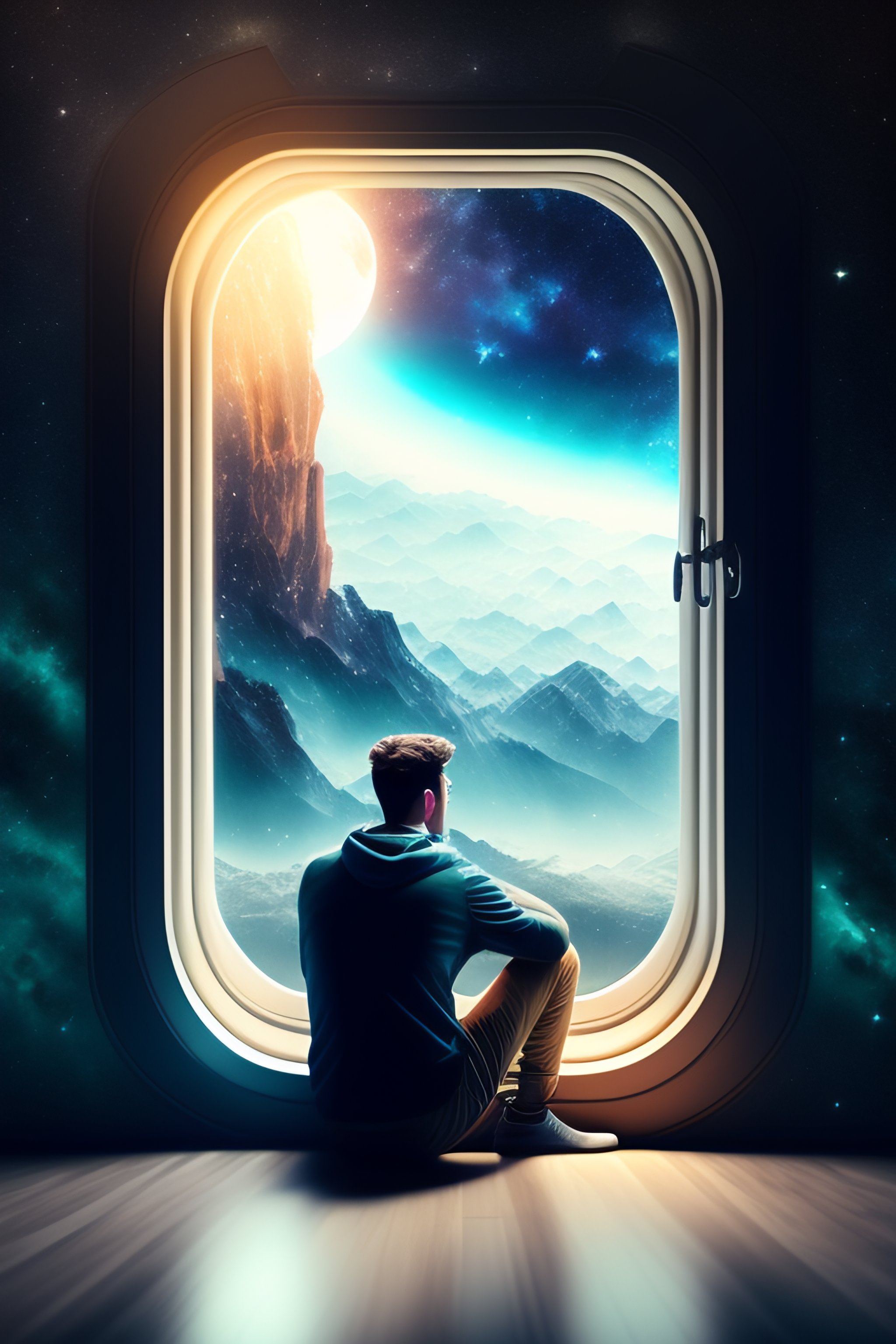 Lexica - Human, sitting sad in spaceship, gazing at view of galaxy in ...