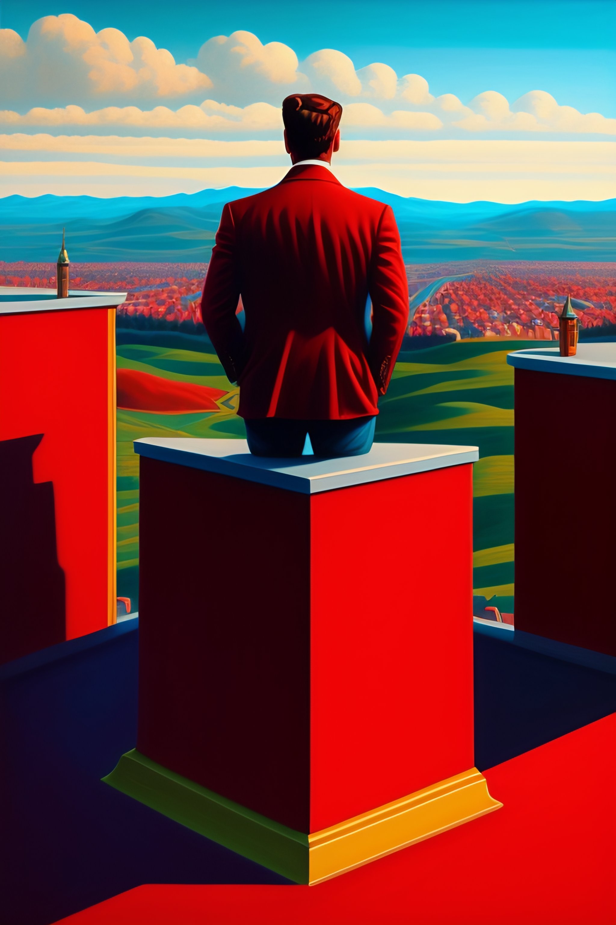 Lexica - Single man ontop of a red building, looking to the poor city ...