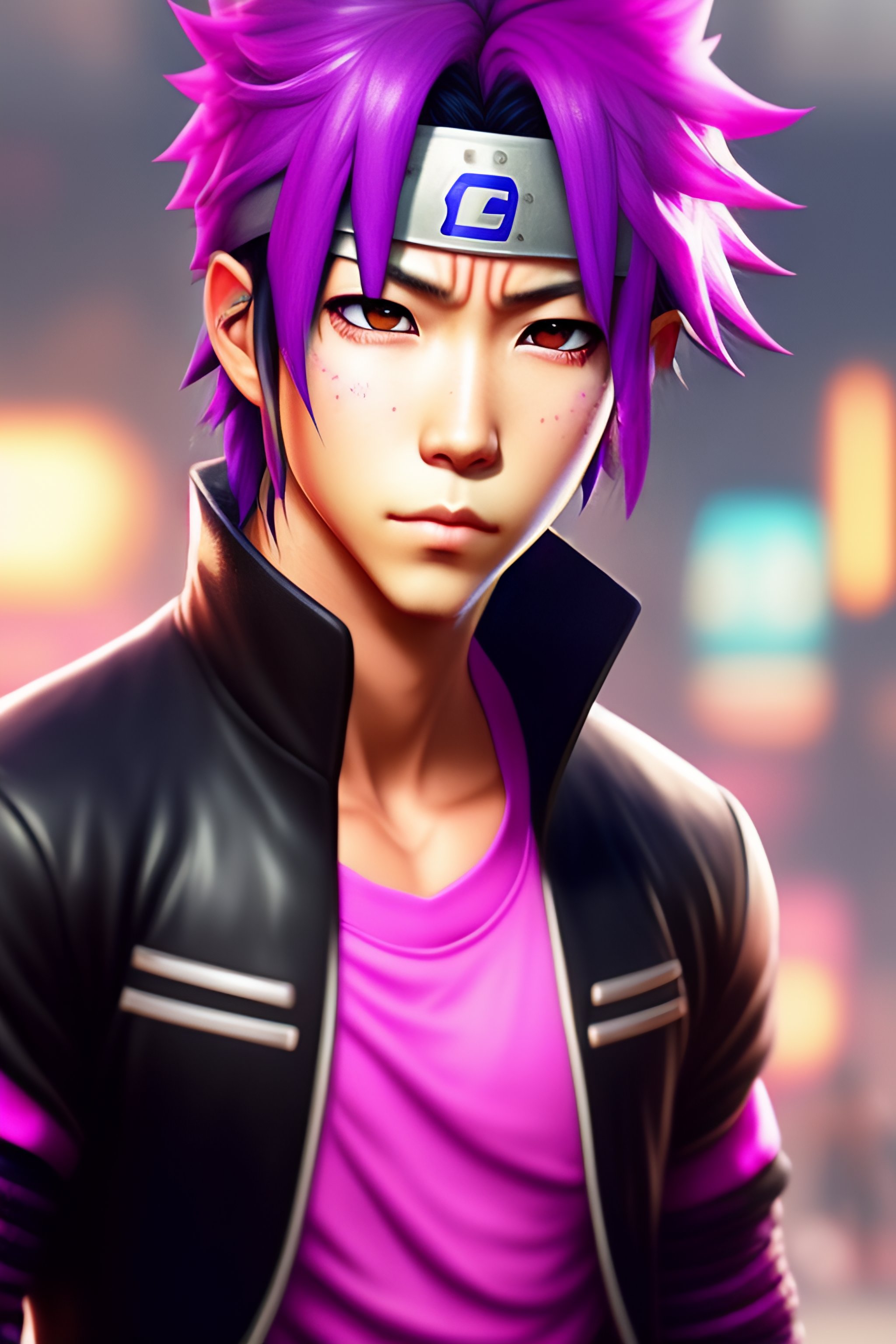 Lexica - Sasuke Uchiha, pink hair, realistic, slum background
