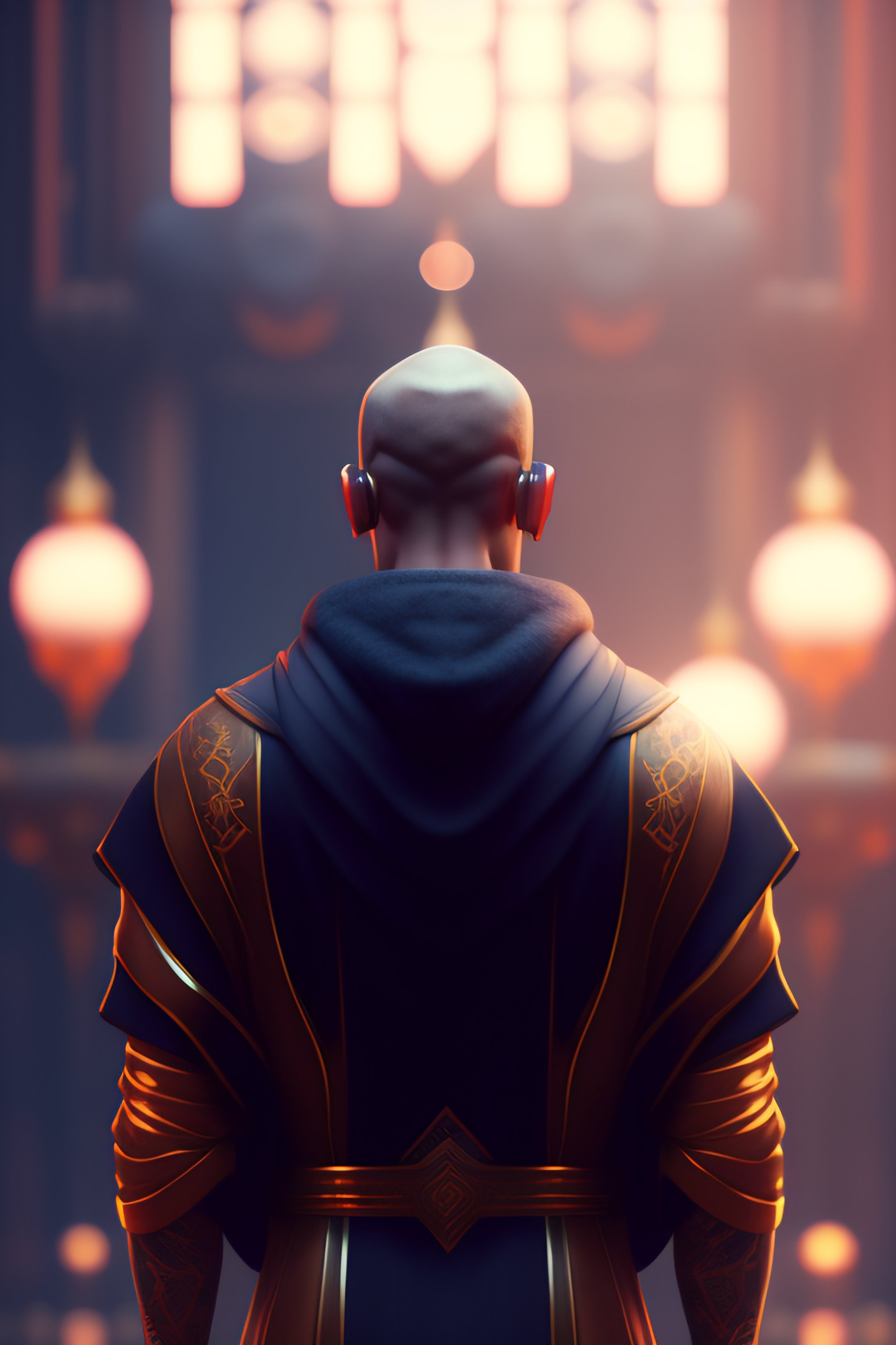 Lexica - An cybernetic monk meditation with hands above head, monk robe ...