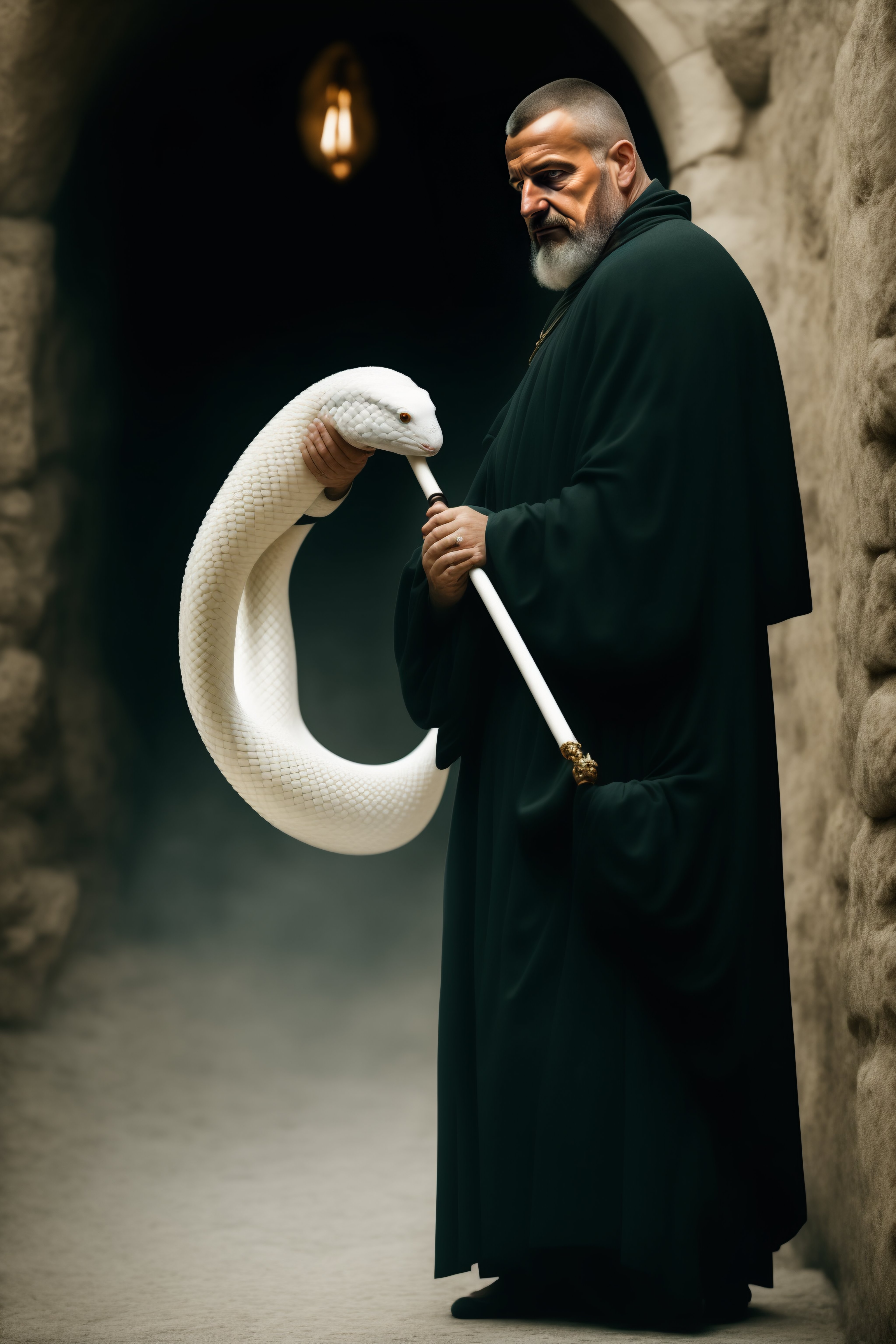 Lexica - One Greek monk in dark robe hold a staff that has a white ...