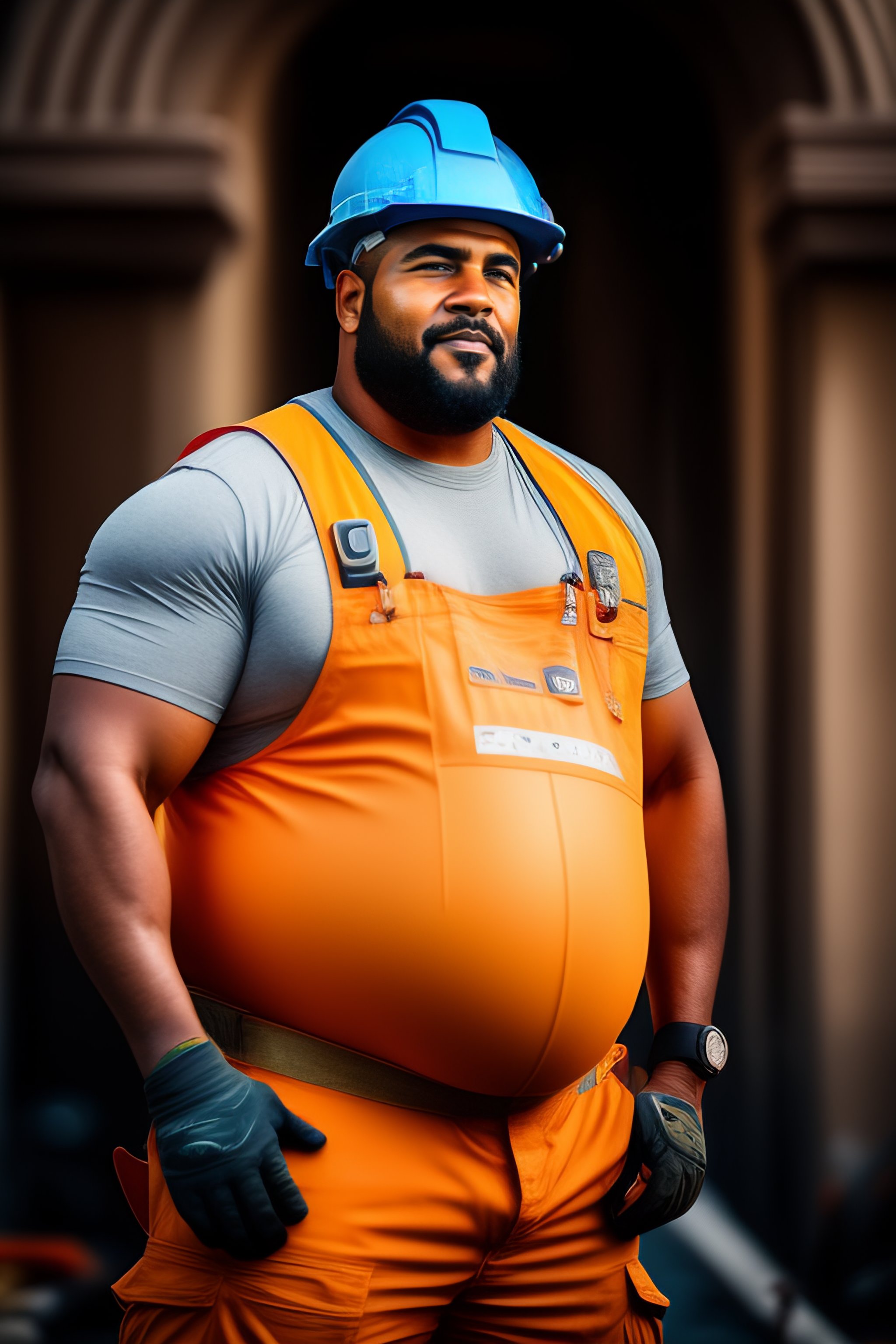 Lexica - A construction worker, with a large round belly, amateur photo