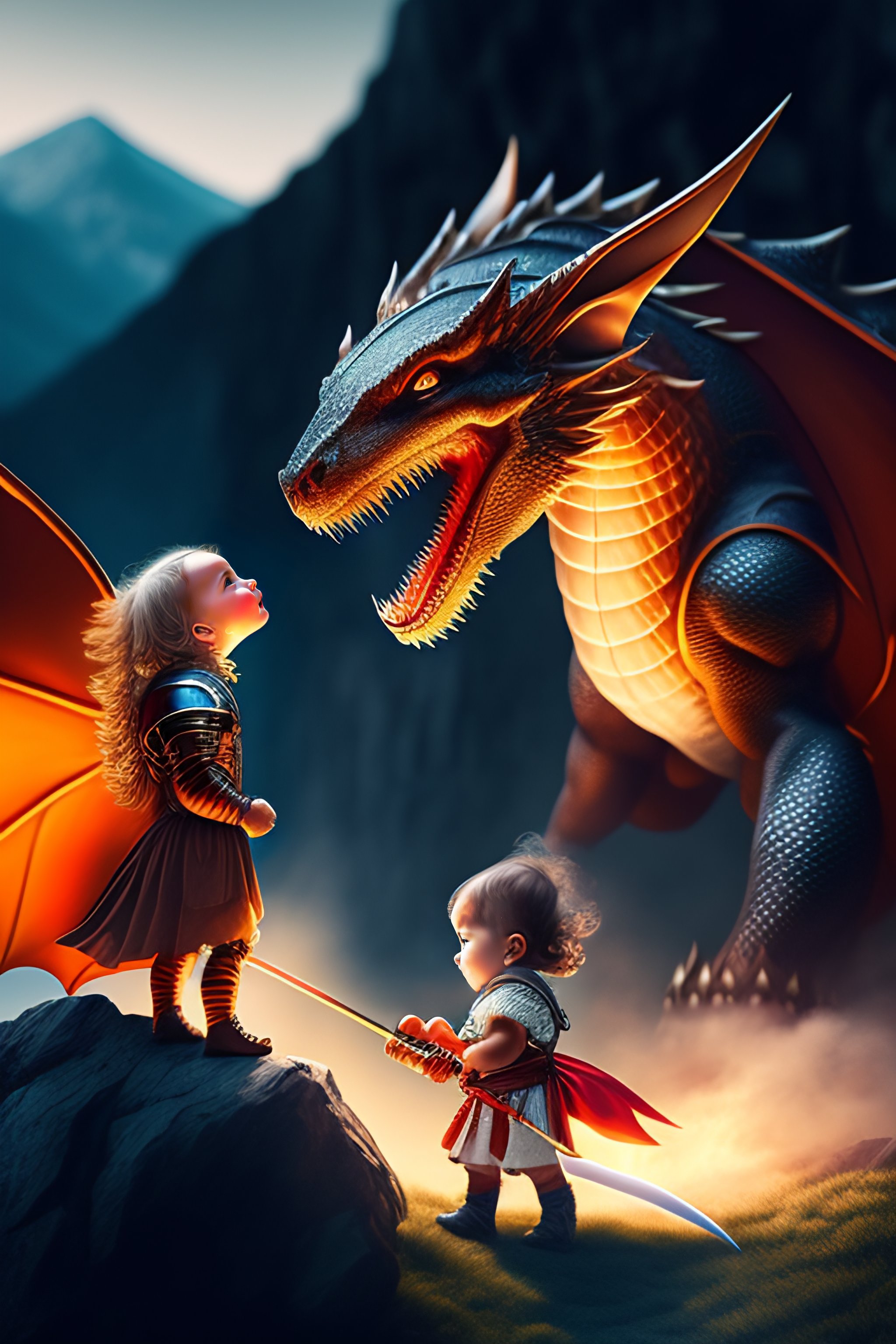 Lexica - Knight fighting a baby dragon in the mountain