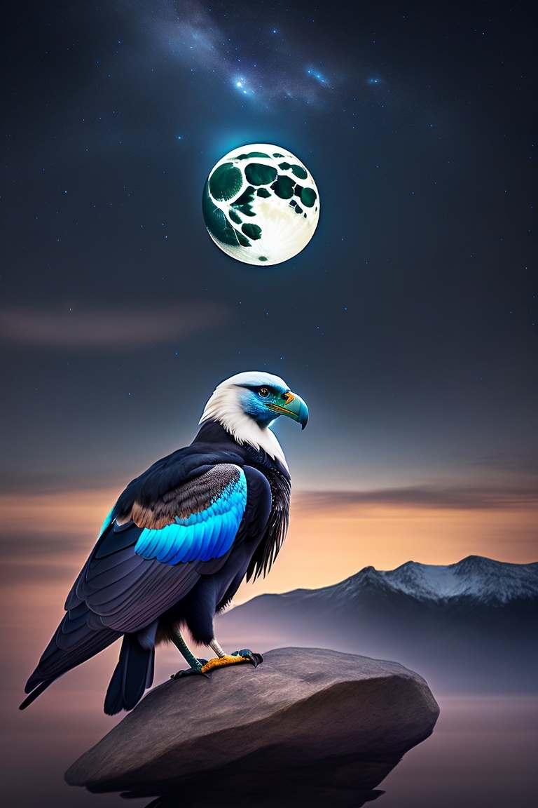 Lexica - Old vulture sitting on a rock, big moon behind the vulture in ...