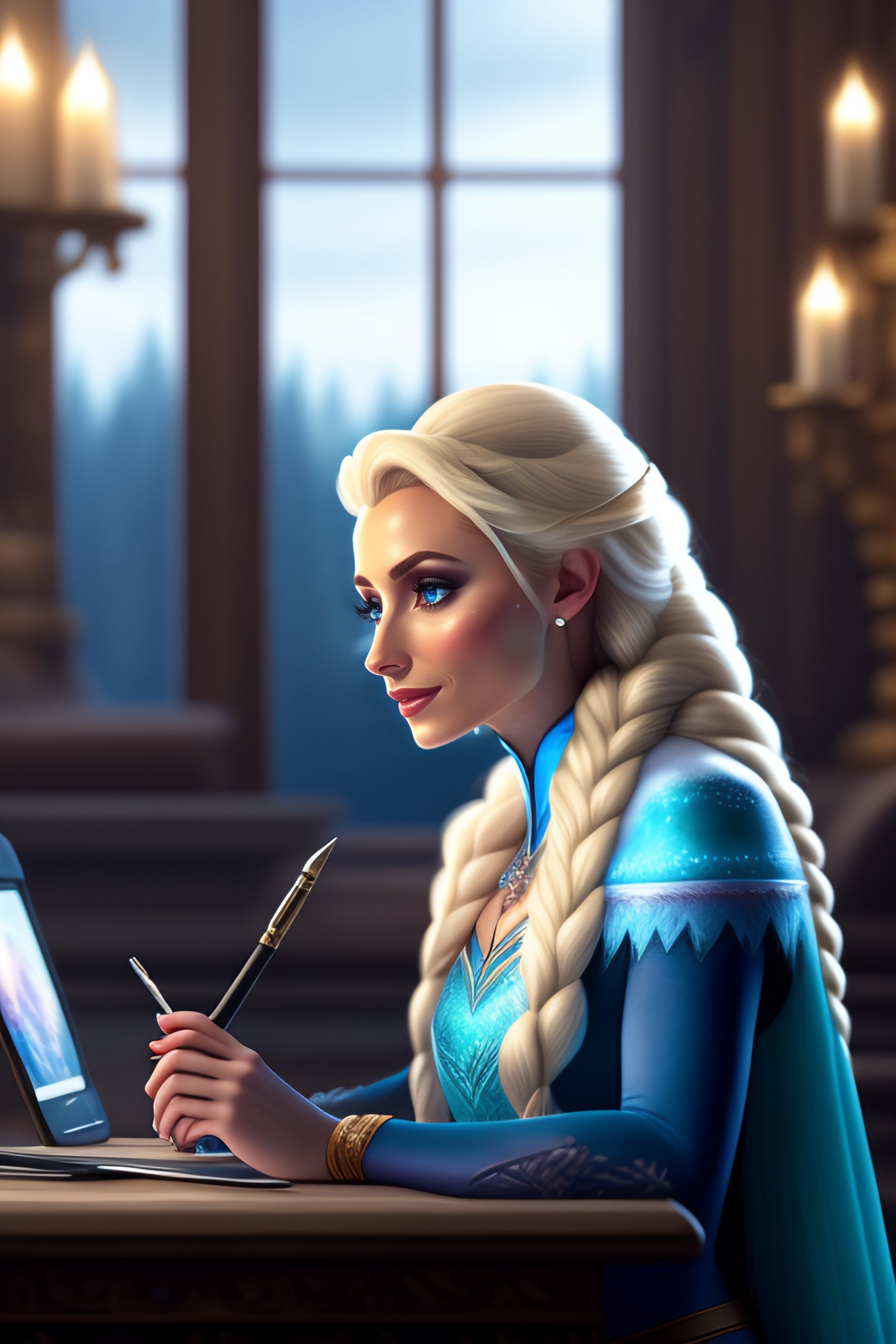 Lexica - Elsa of frozen working on a tablet and sitting in the front of ...
