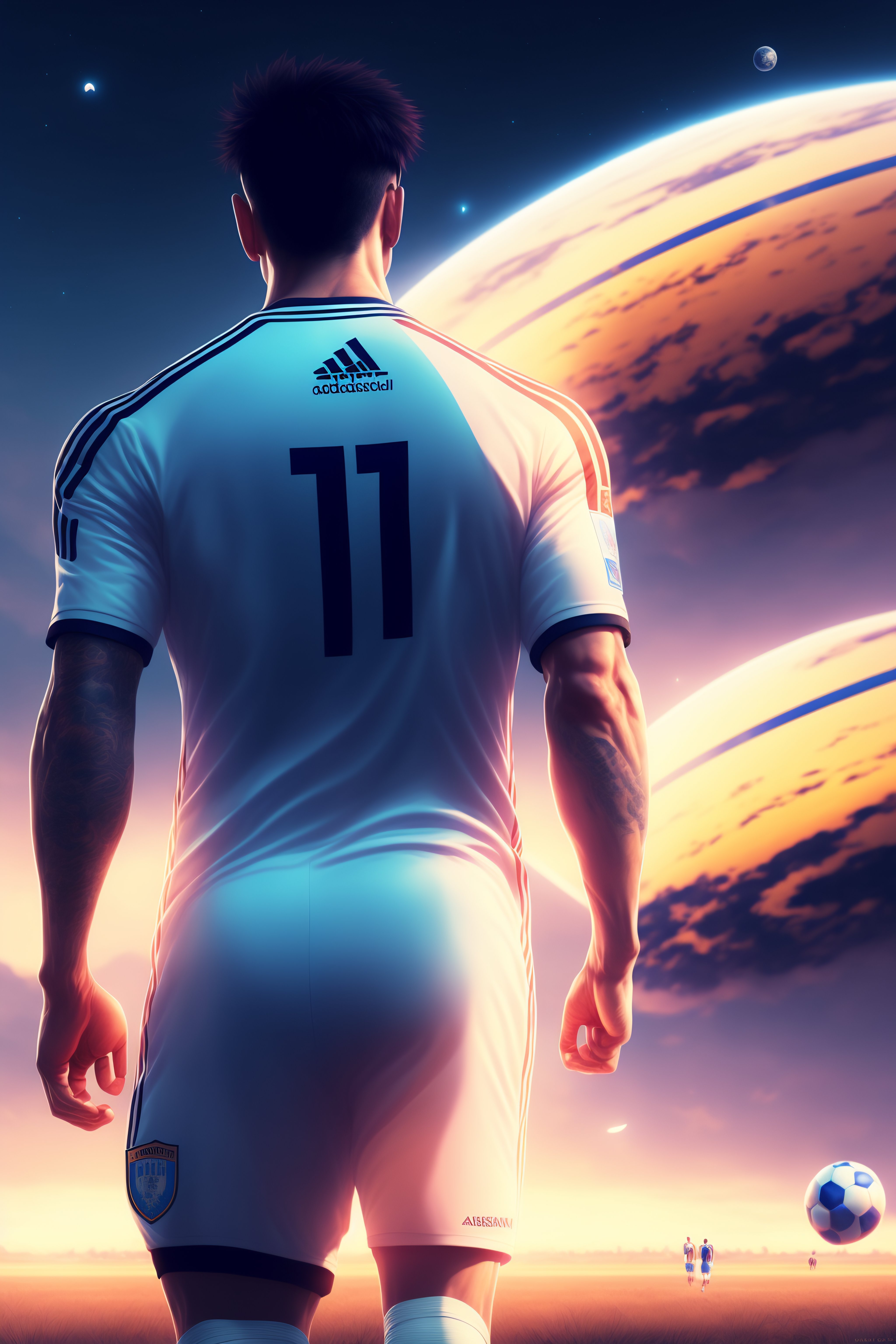 Lexica - Back of Argentine Footballer Messi, Blue and white stripes ...