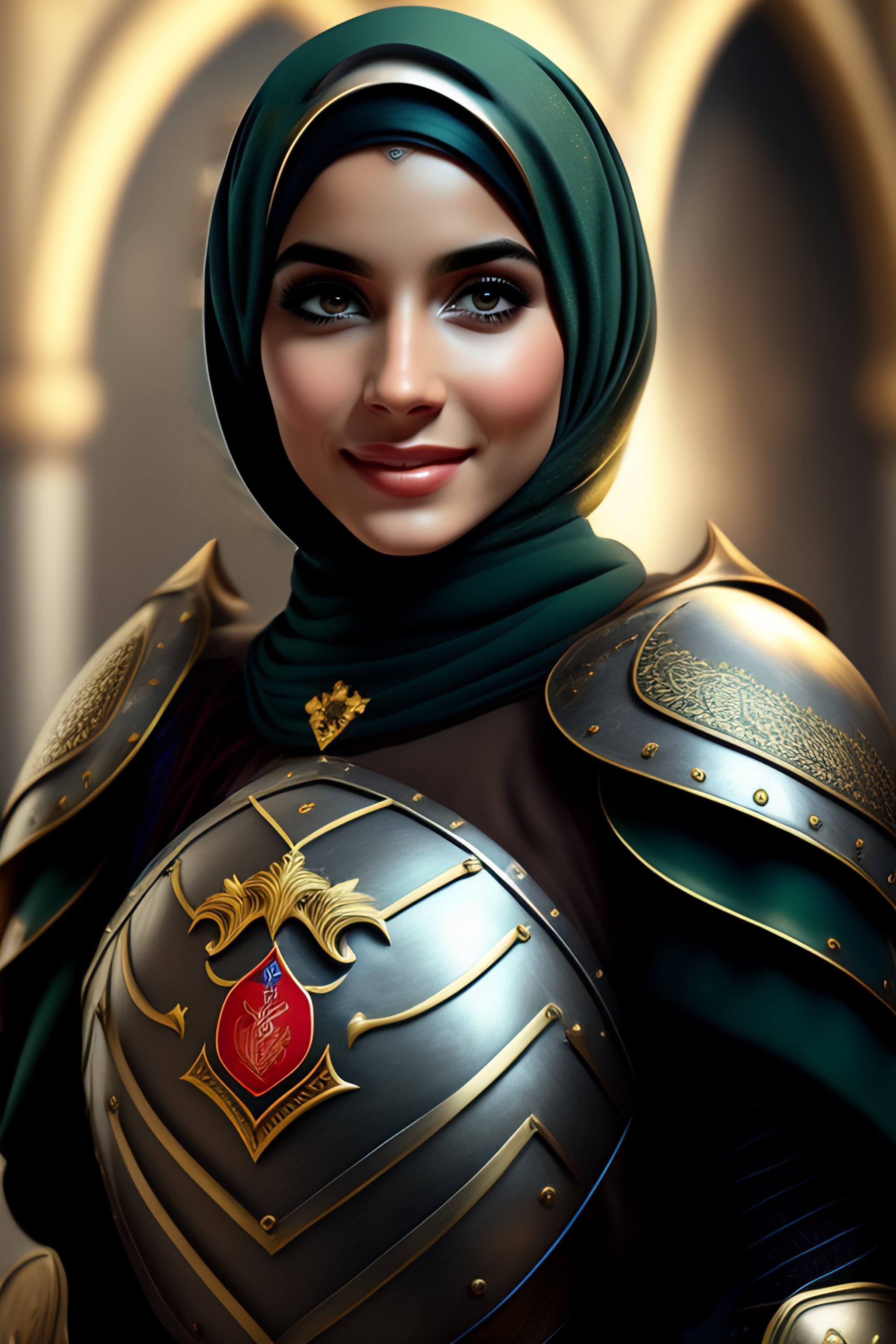 Lexica - Cute hijab girl wearing medieval heavy armor