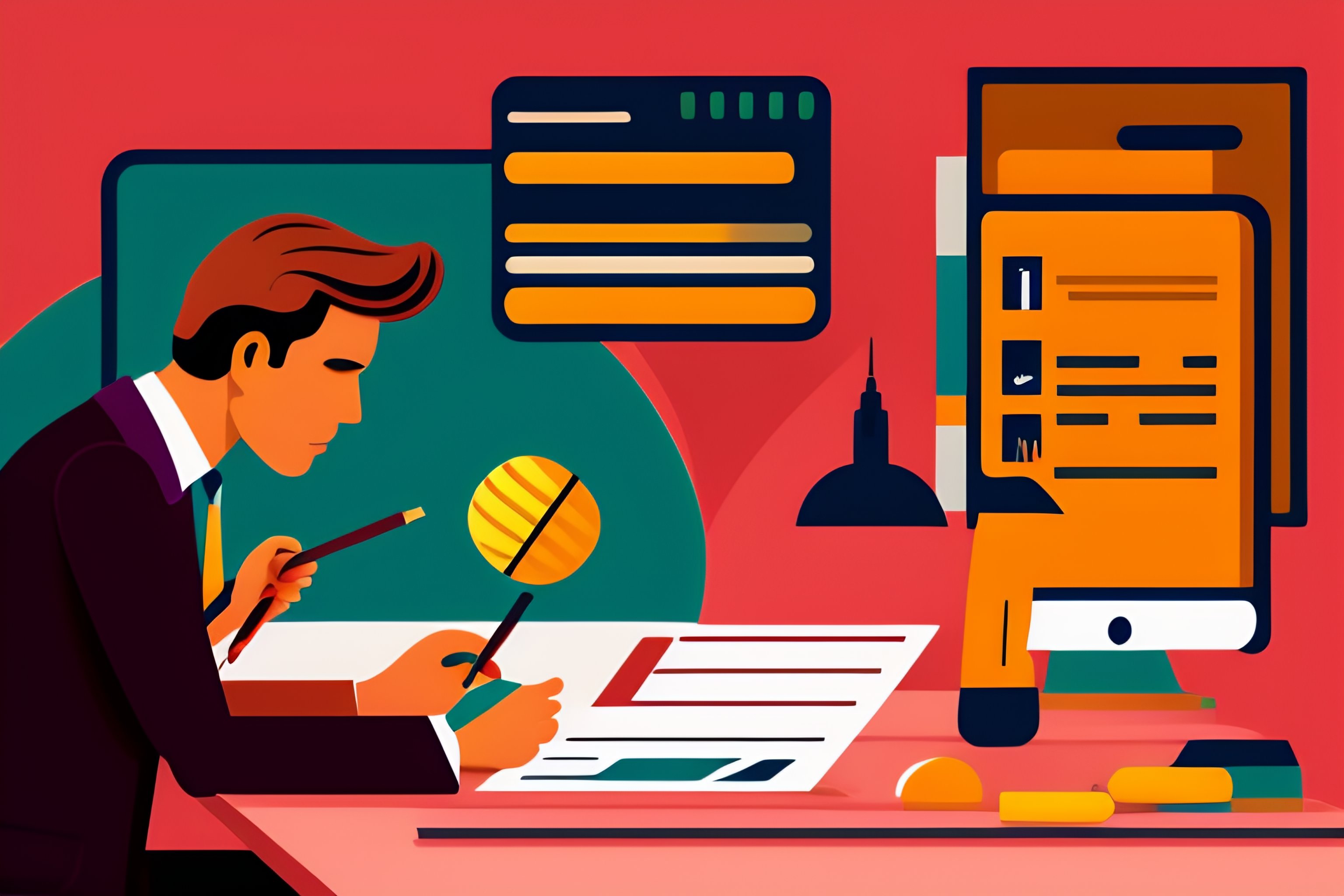 Lexica - Graphic illustration of a man writing a cover letter for an ...