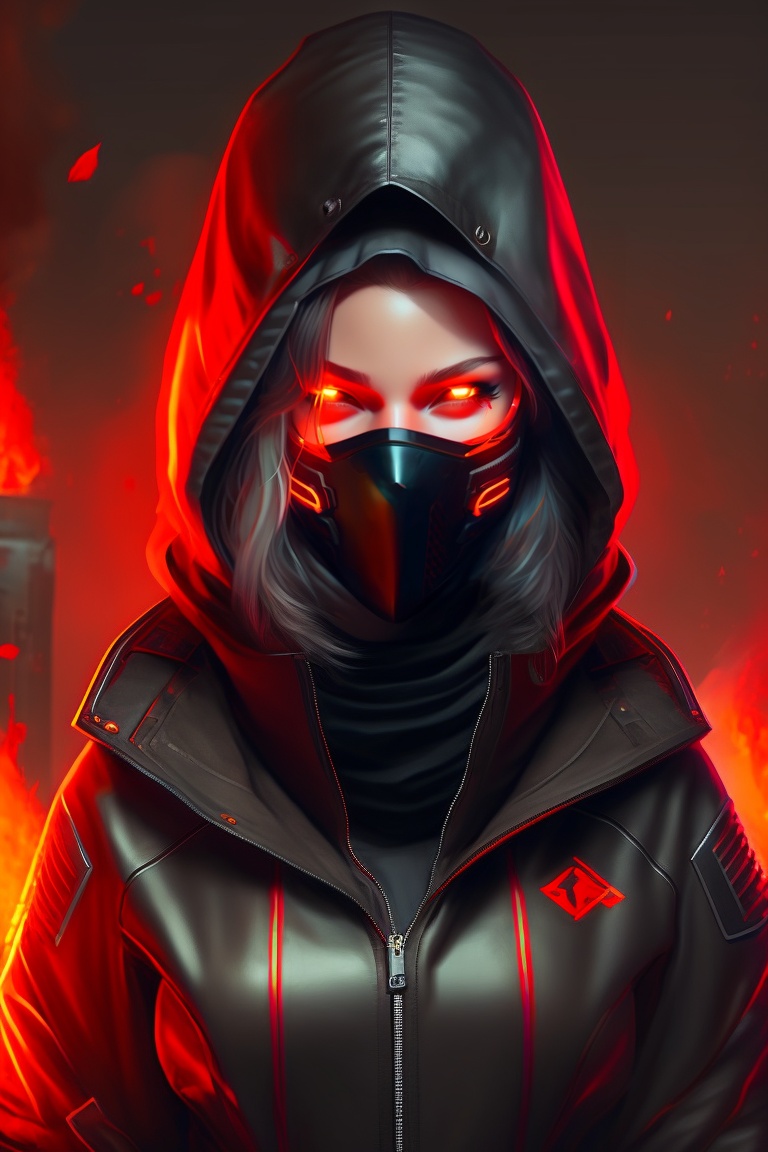 Lexica - Female character, hood, cyberpunk, red neon, mask, dark, eyes ...