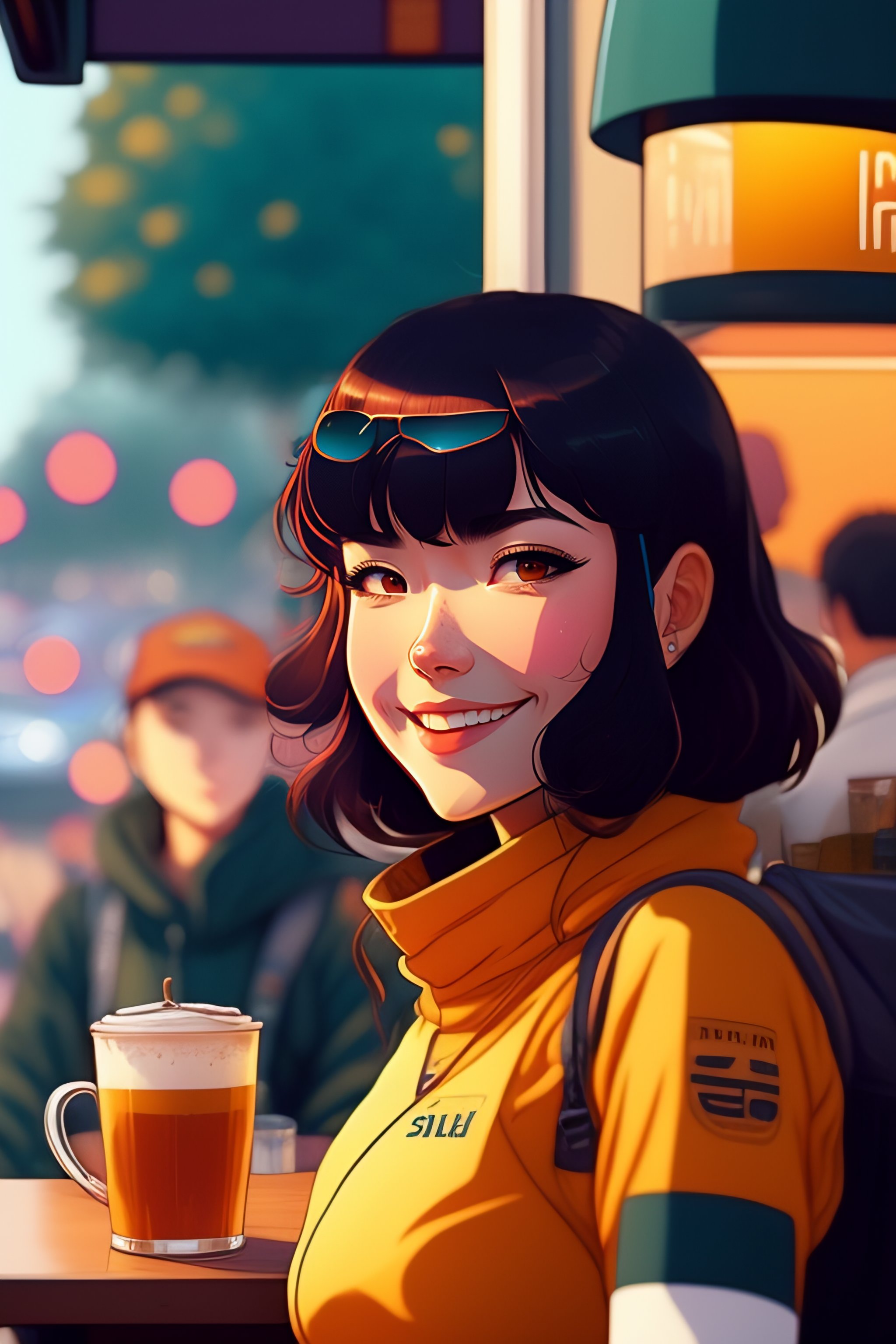 Lexica - Photo of a smiling attractive woman at a cafe, style of laurie ...