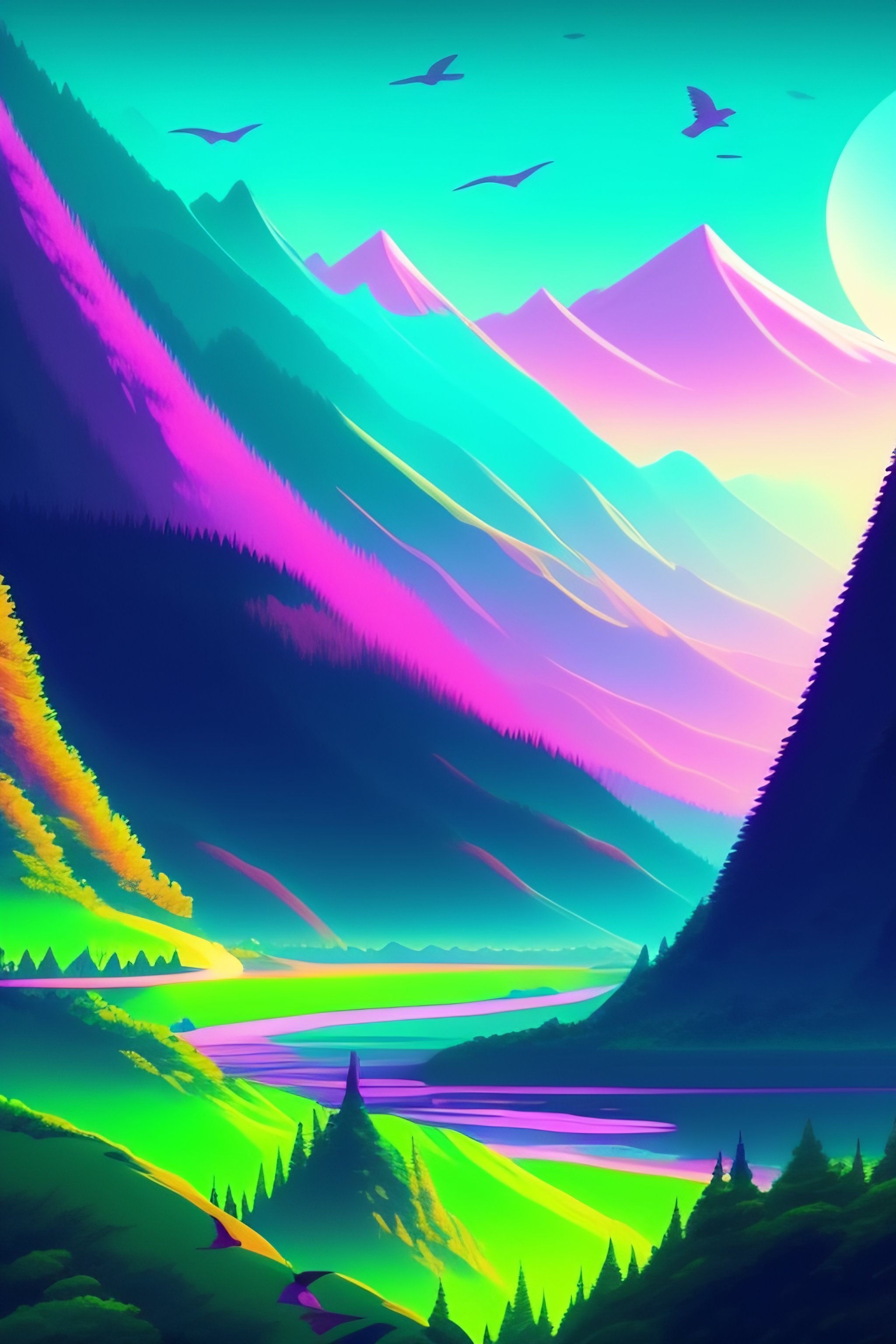 Lexica - Green lush mountains anime style with blue lights and pink sky ...