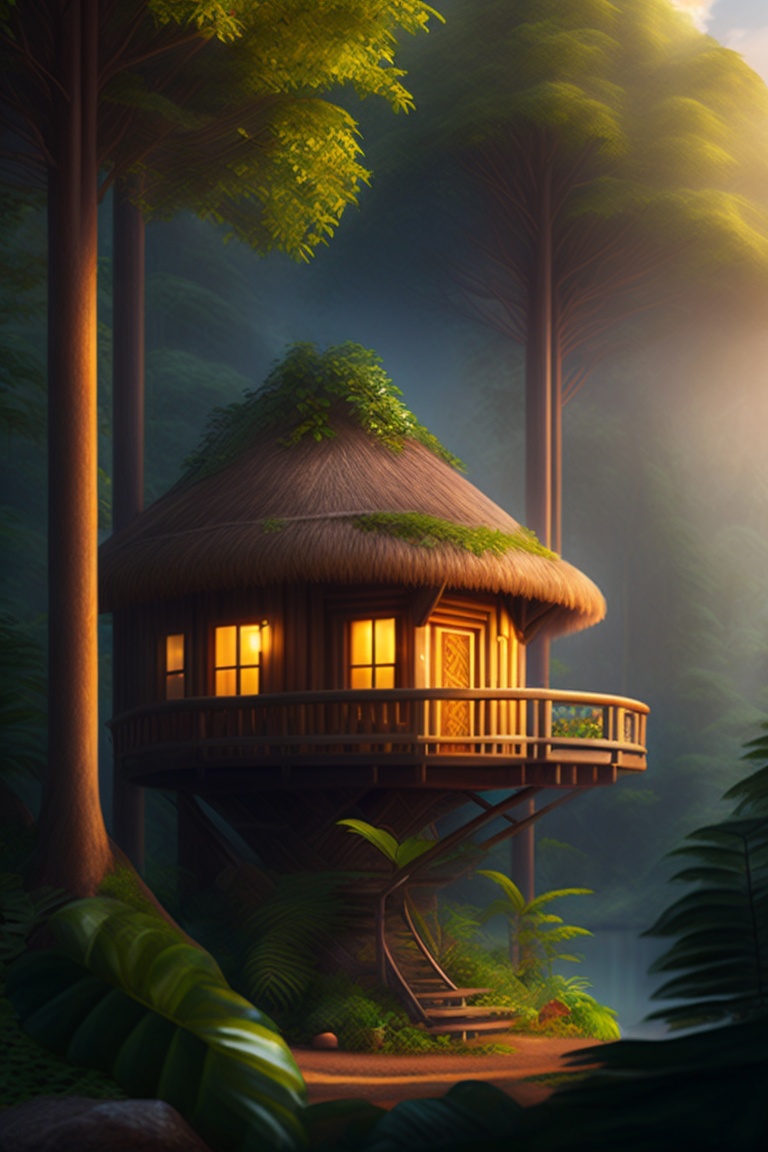 Lexica - A cute cozy tree house in the middle of the beautiful jungle
