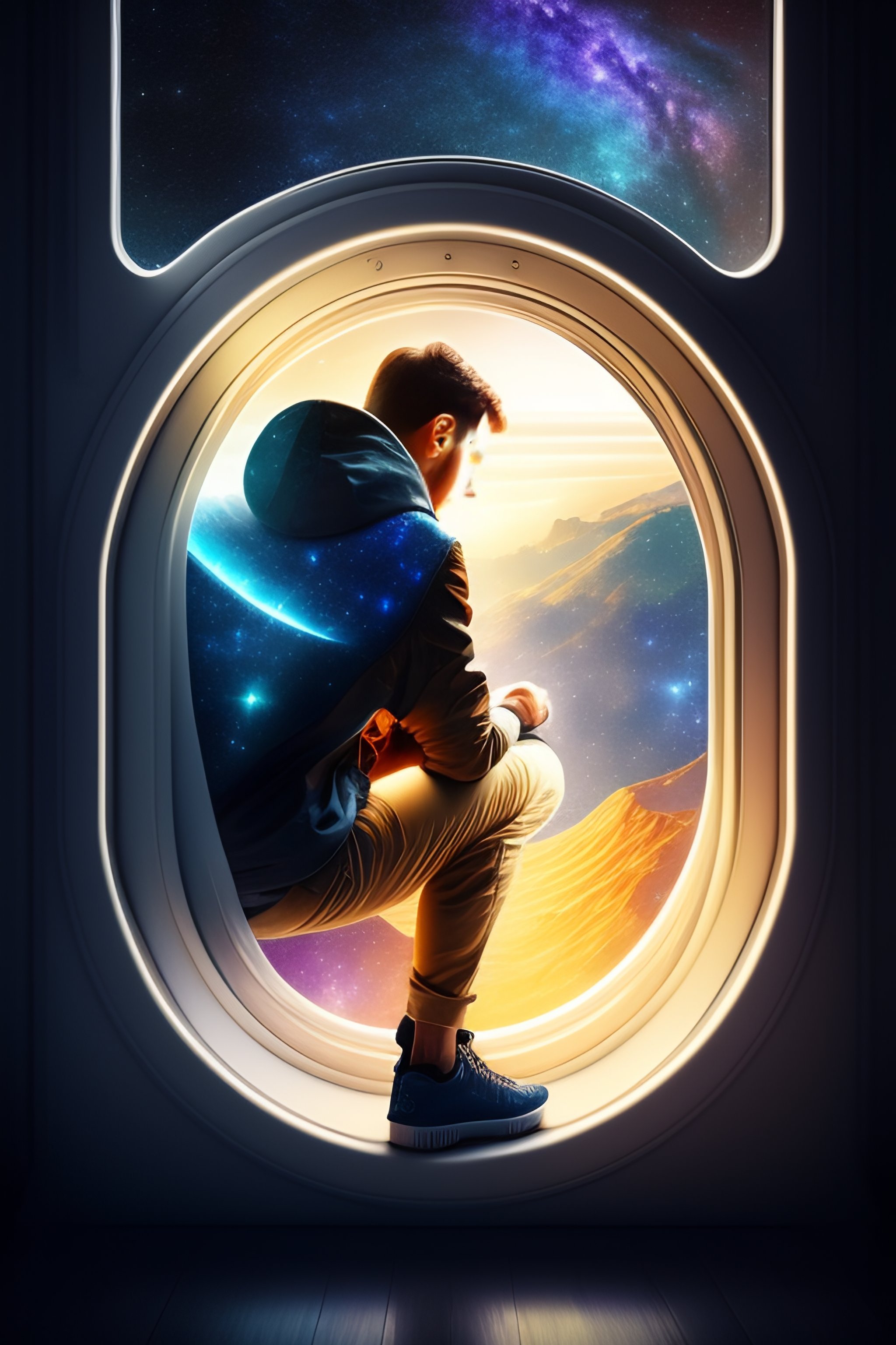 Lexica - Human, sitting sad in spaceship, gazing at view of galaxy in ...