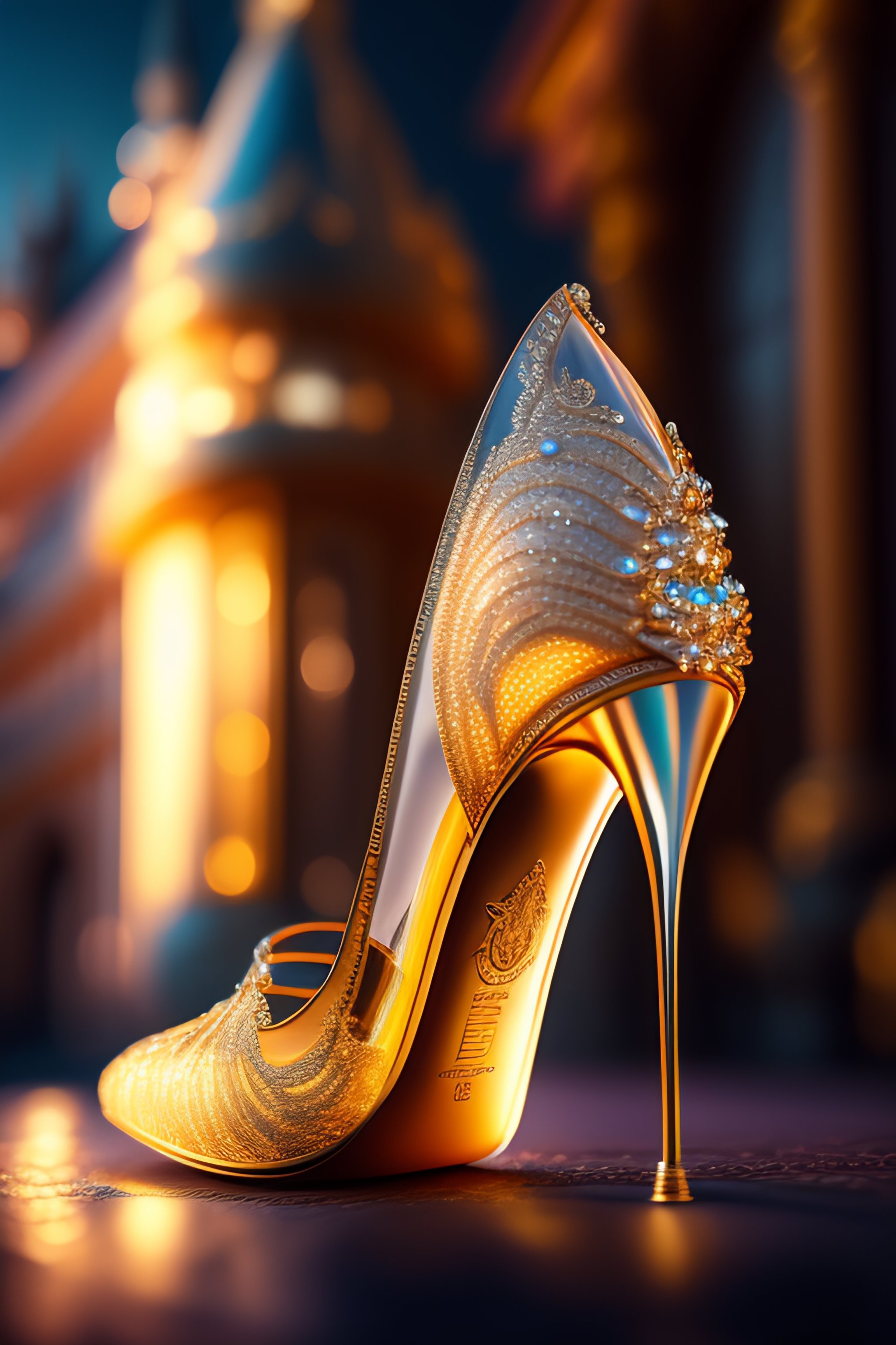 Lexica - Shiny clear intricate high heel shoe in front of a castle, 8k ...