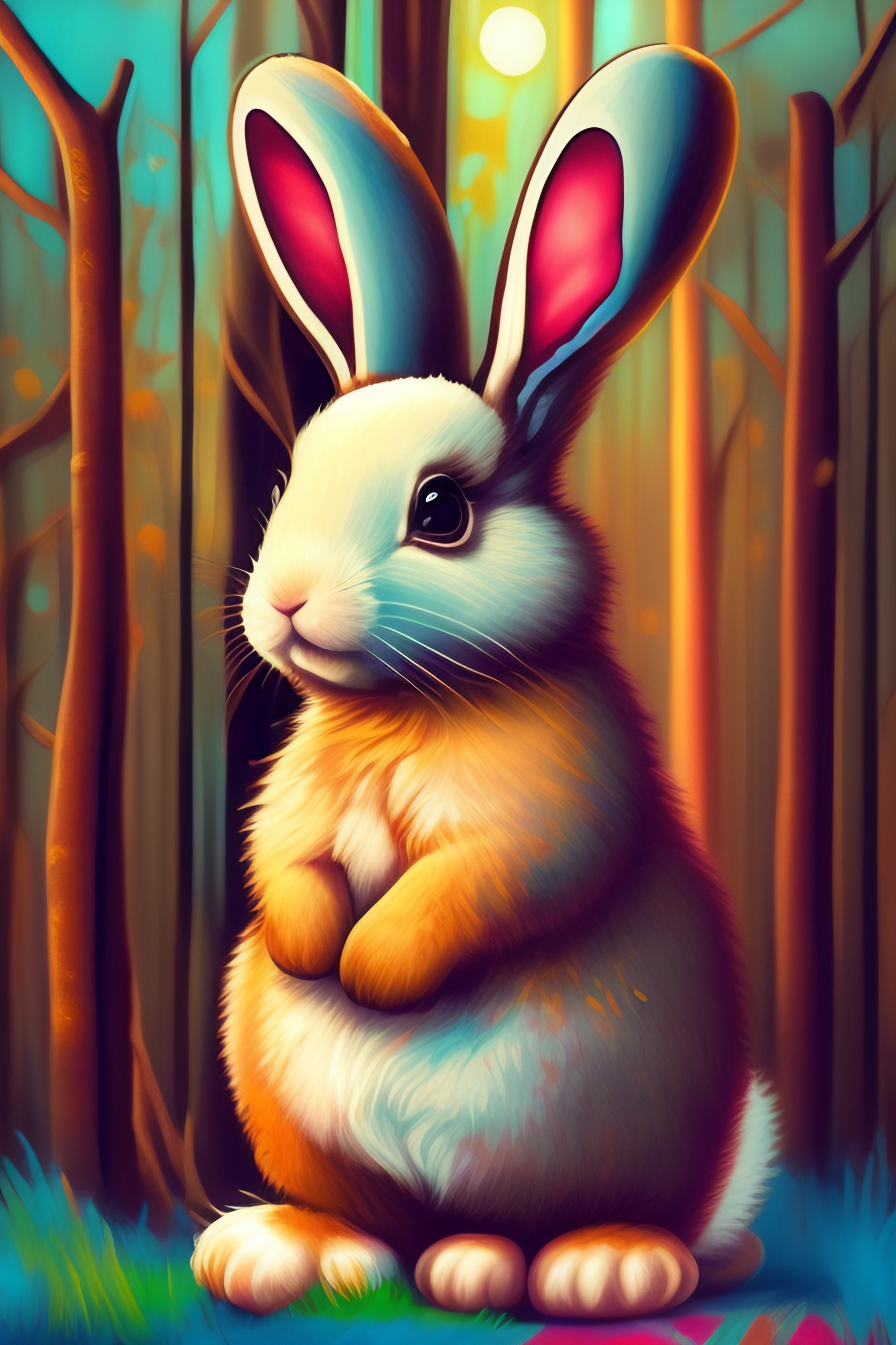 Lexica - Cute bunny, easter, trees, cartoon, clear sky, Abstract ...