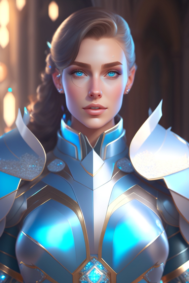 Lexica - Woman in a light blue full plate armor shattered crystals ...