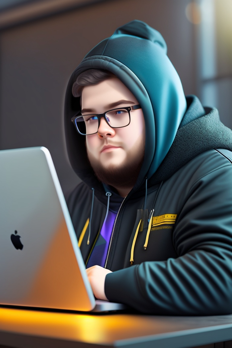 Lexica - Hacker chubby boy with glasses wearing a black hoodie with a ...