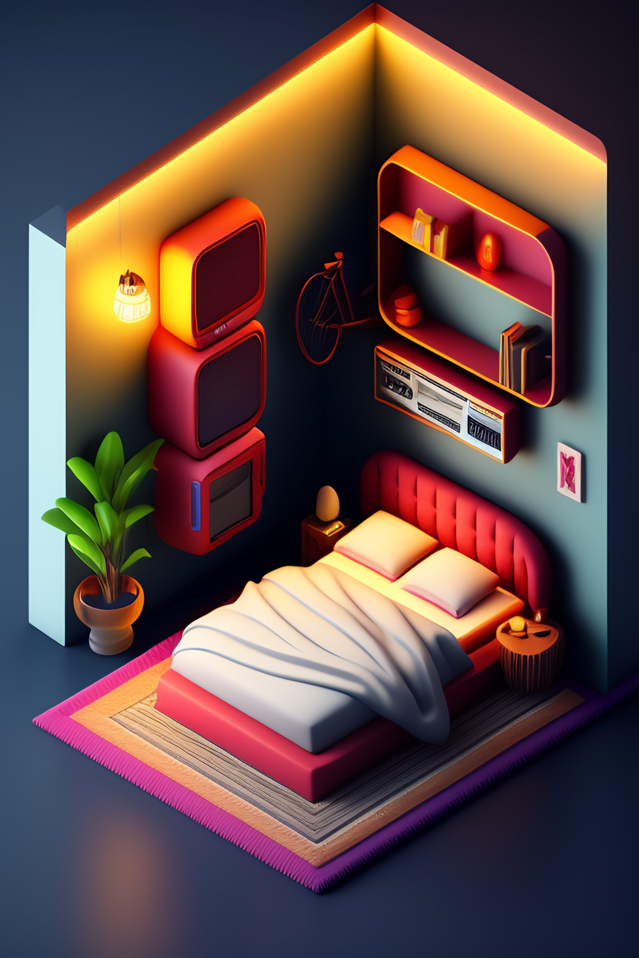 Lexica - Detailed isometric bedroom, video games, very cozy, nostalgia, boy in room in front of ...
