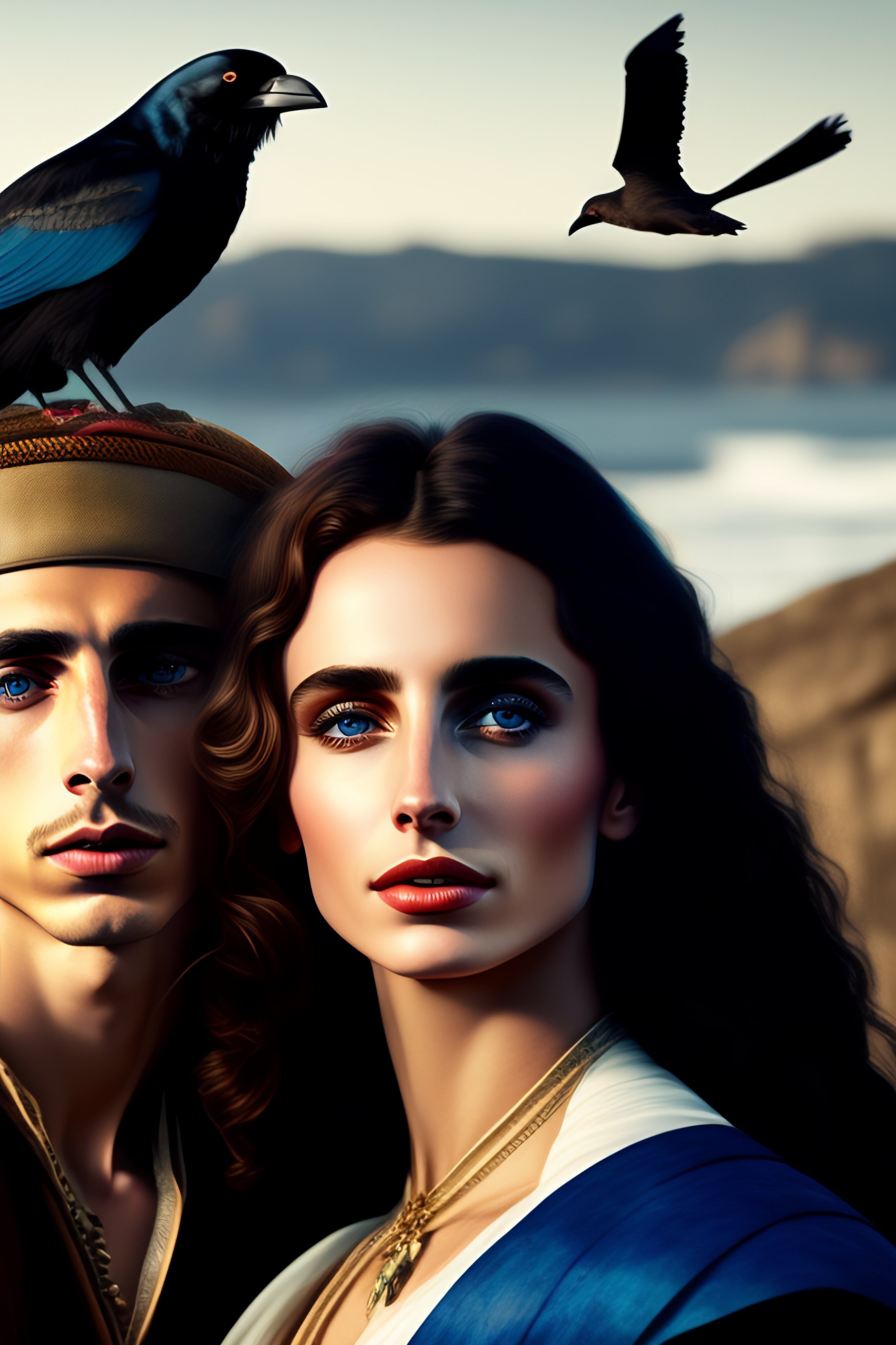 Lexica - Timothy Chalamet and a blue-eyed woman with crows on a rock ...