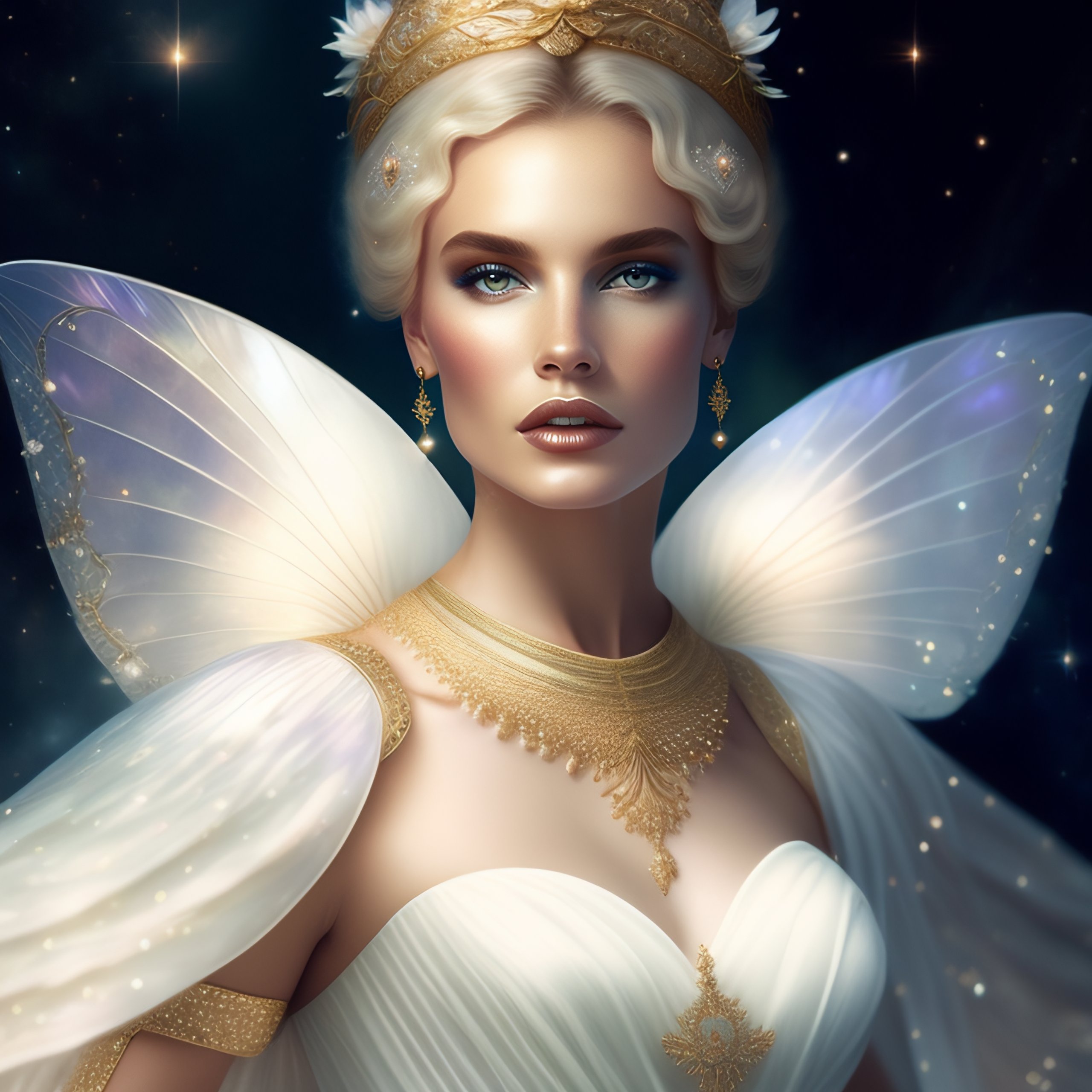 Lexica - Fairy wearing a white silk Greek gown standing on a mother of pearl in the centre of a ...