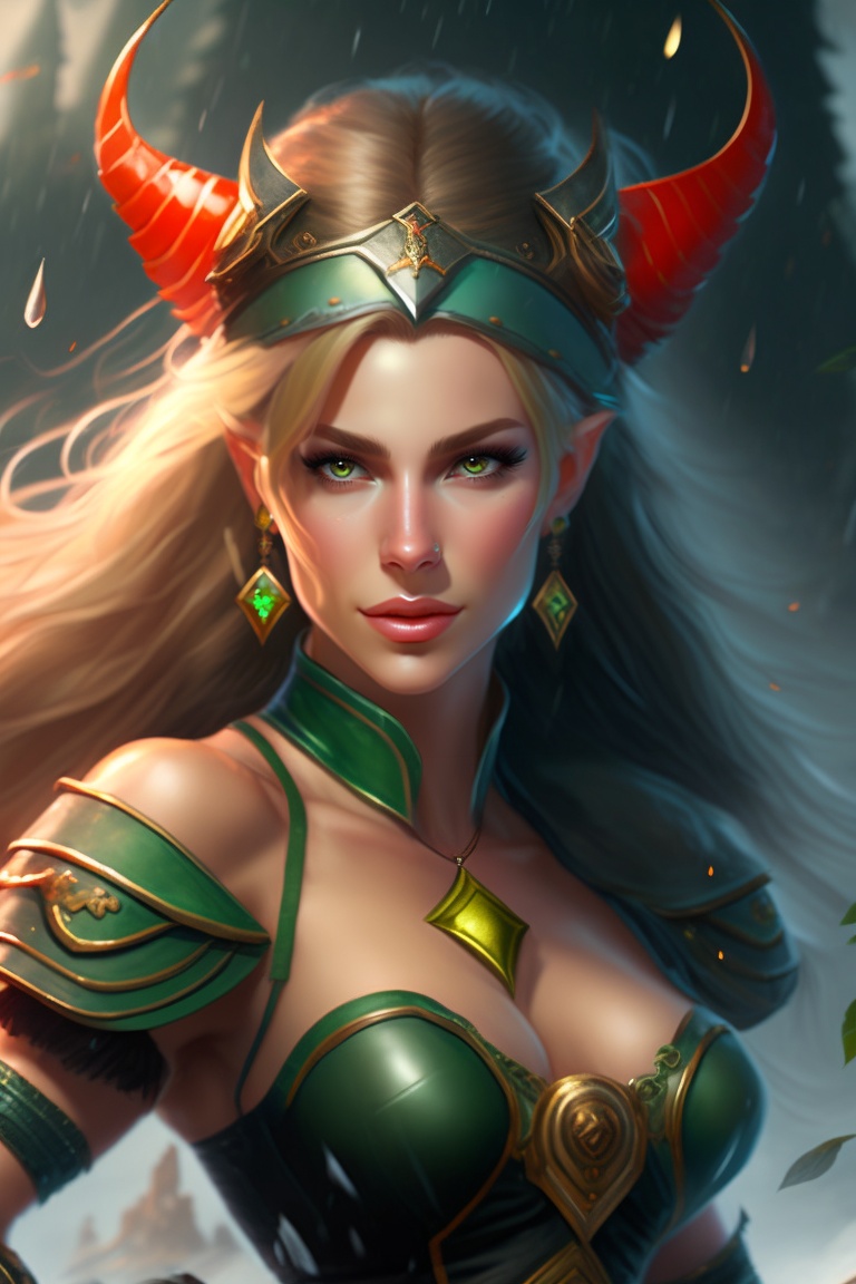 Lexica - Sexy elf with bow in battle in the rainy mountains, against orks and demons