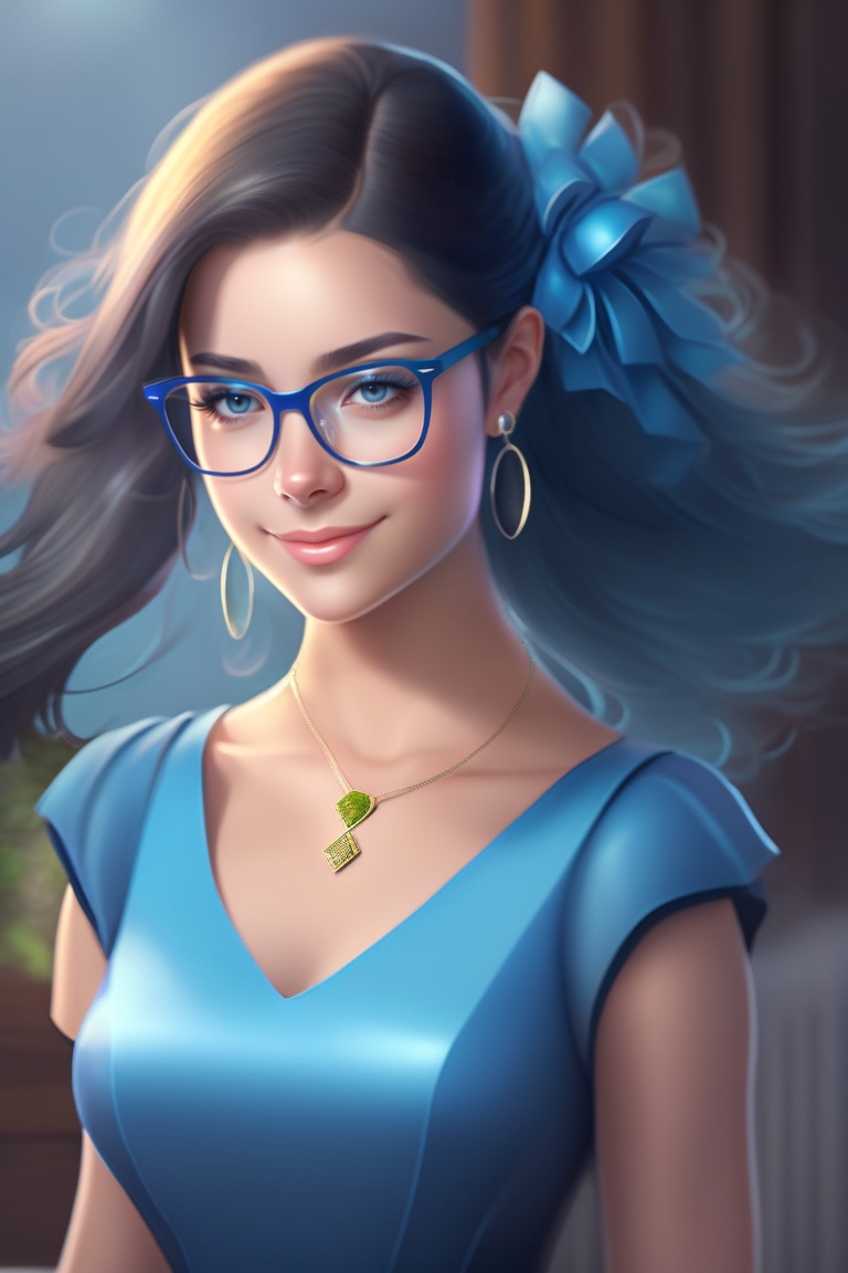 Lexica Girl Blue Dress Smirking Short Dress Glasses Office