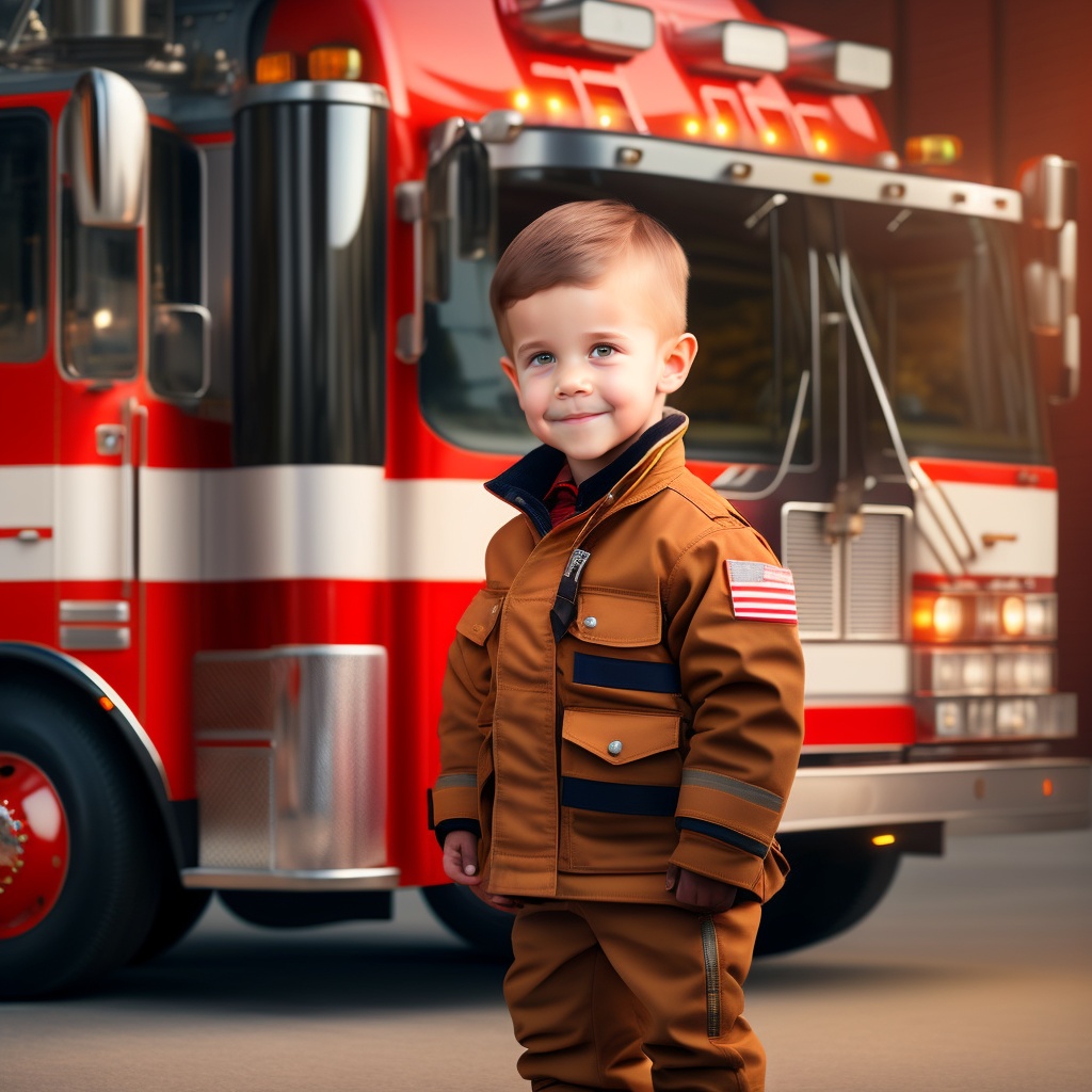 Lexica - A slim little boy in firefighter costume in front of a fire ...