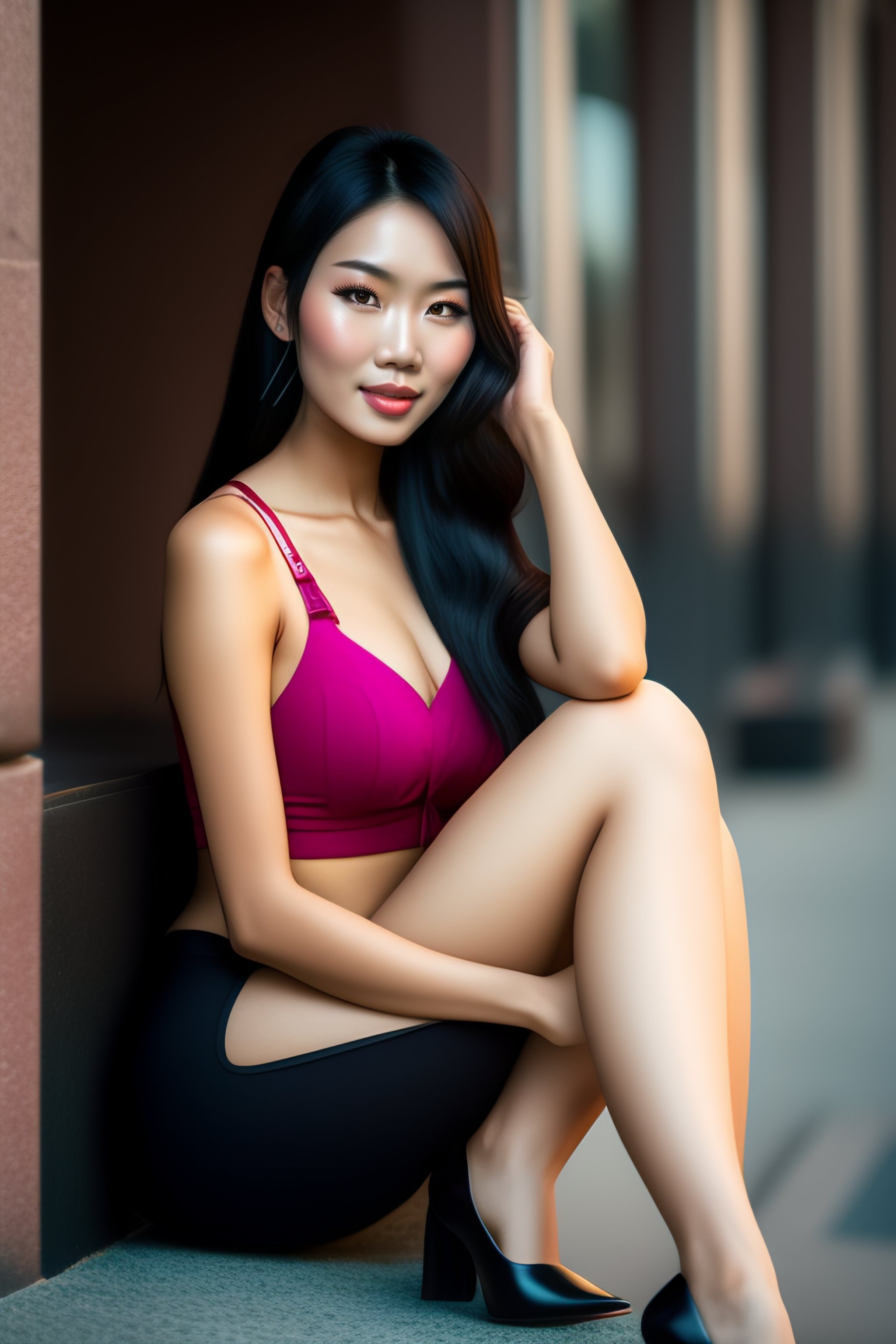 Lexica - Attractive mid-20s asian blackhaired female school student, pantyhose, high heels, crop ...