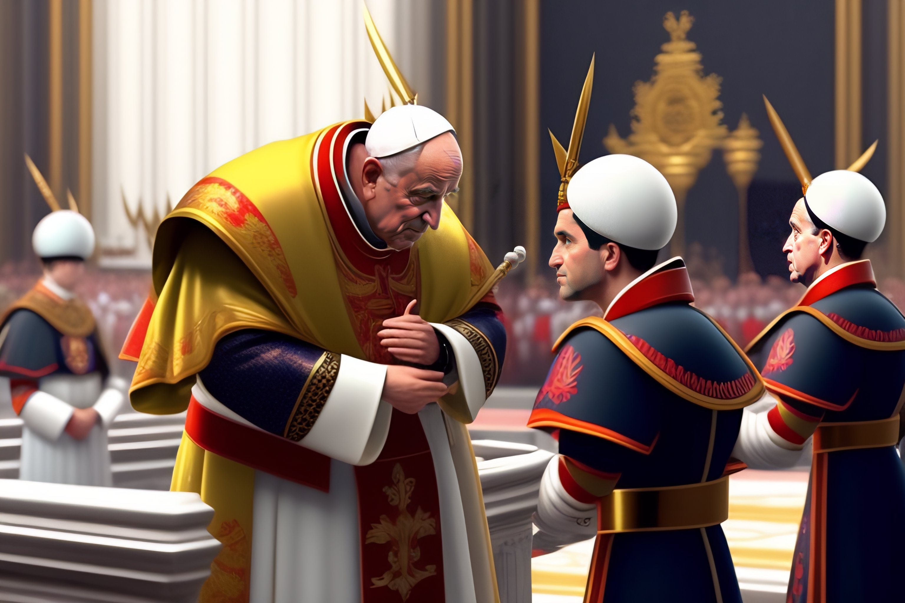 Lexica - Pope Benoit XVI fighting skulls in cartoon style